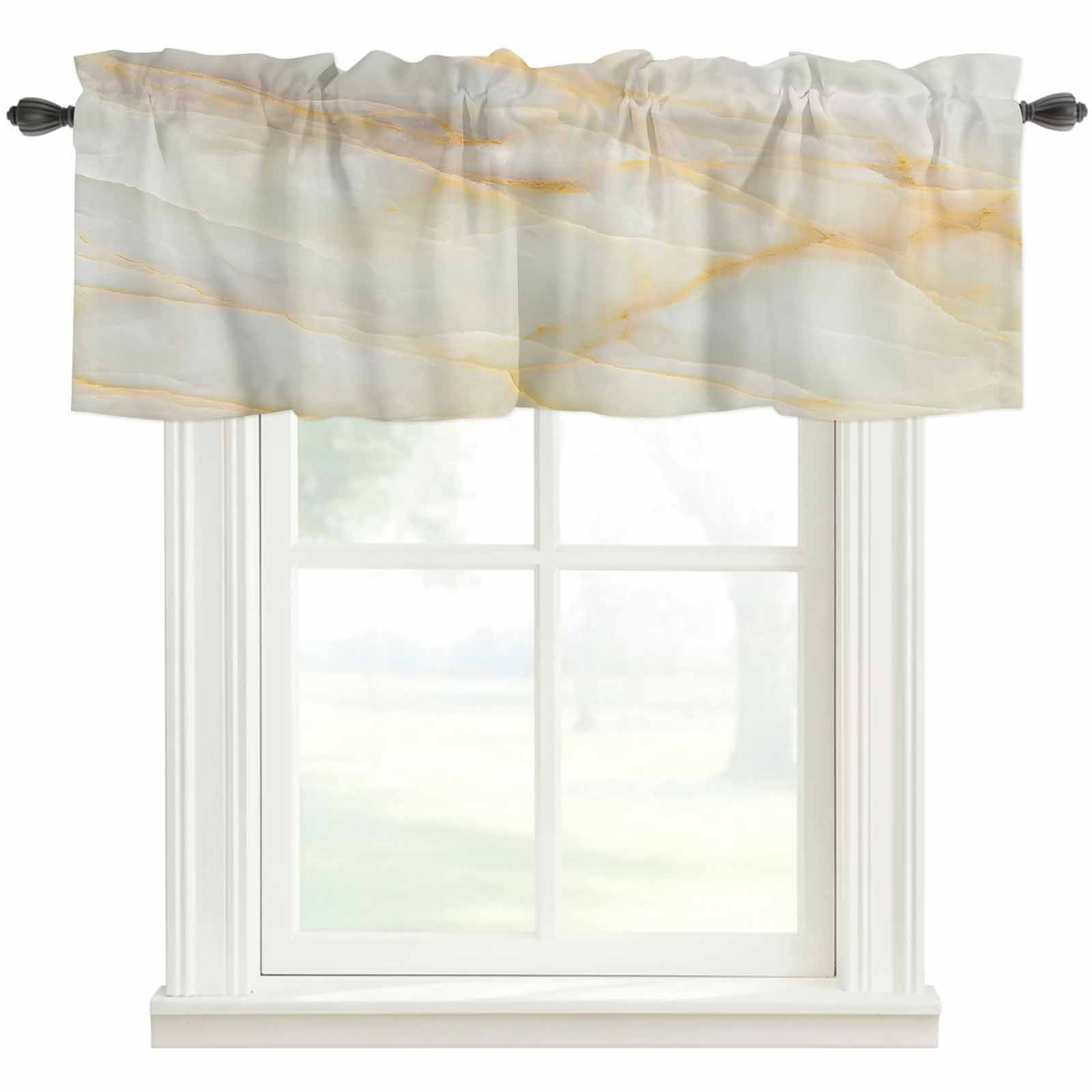 White Golden Marble Rod Pocket Curtain Valance, Abstract Modern Art ...