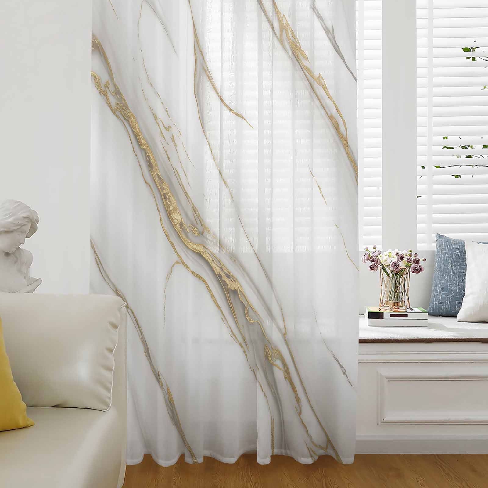 White Golden Marble Semi Sheer Curtains Drapes for Living Room, Bedroom ...