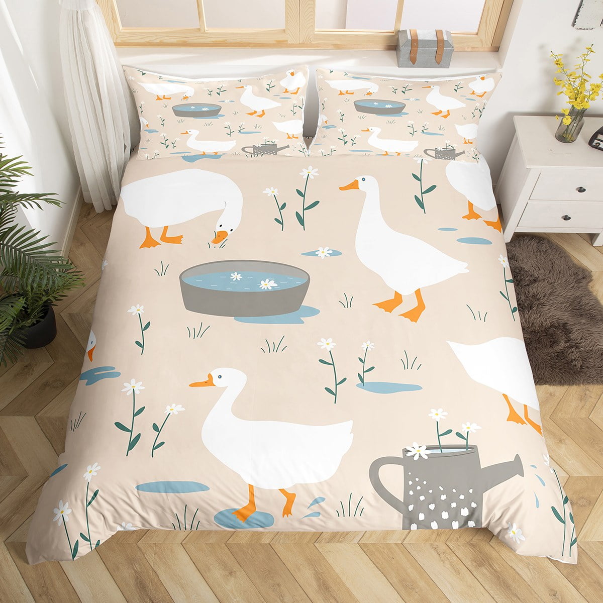 White Goose Duvet Cover King Size,Botanical Flower Leaves Bedding Set ...