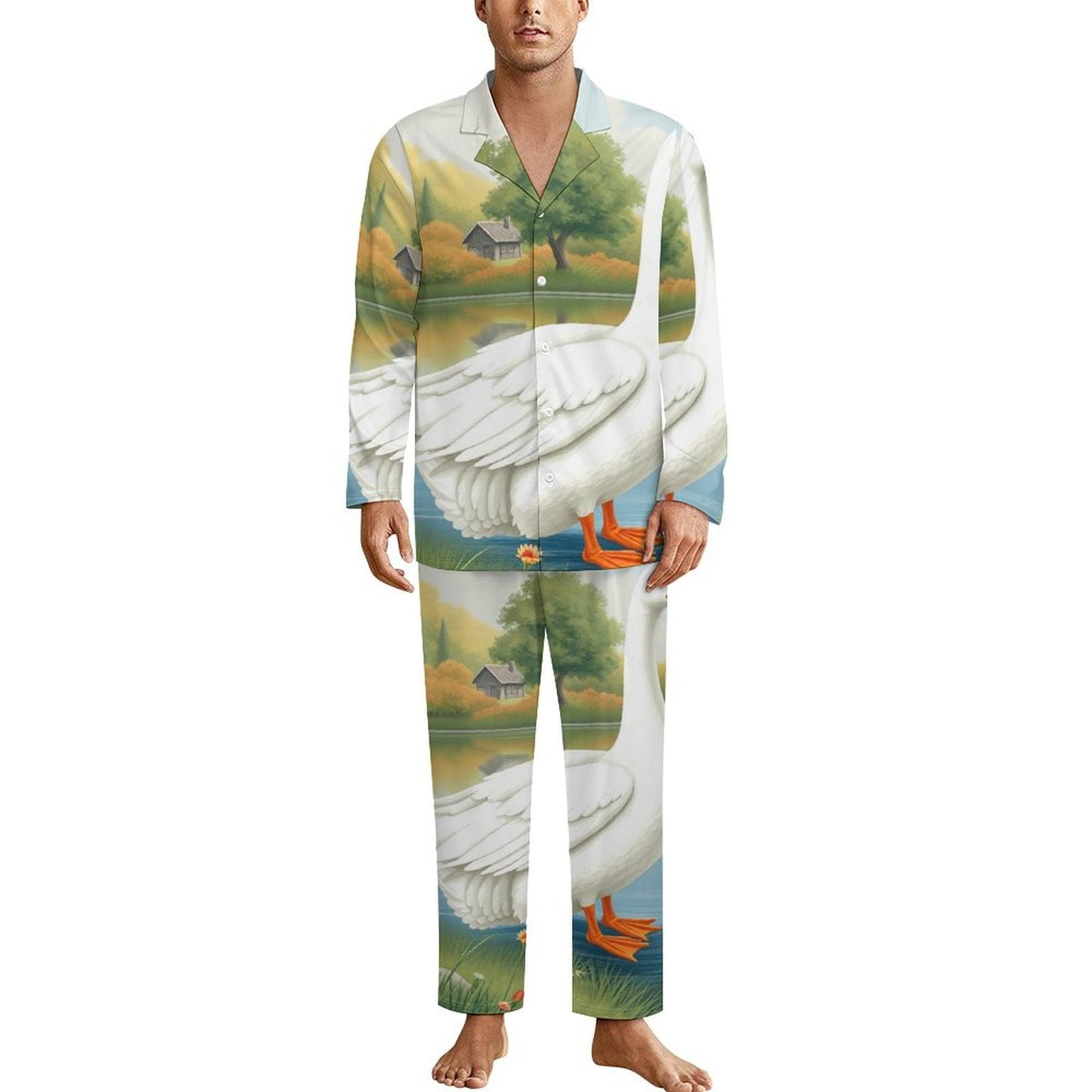 White Goose Lake Scene Pajama Set Autumn Soft Home Sleepwear Man 2 ...