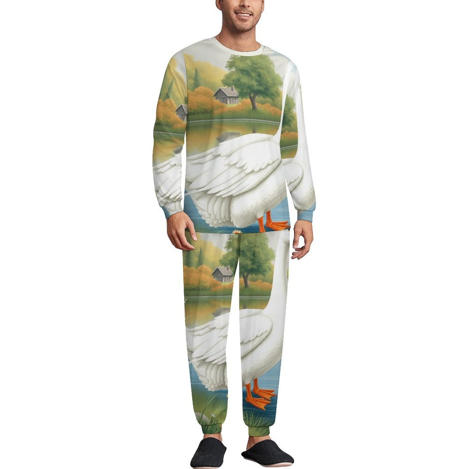 White Goose Lake Scene Pajamas Men Long Sleeves Pajama Sets 2 Pieces ...