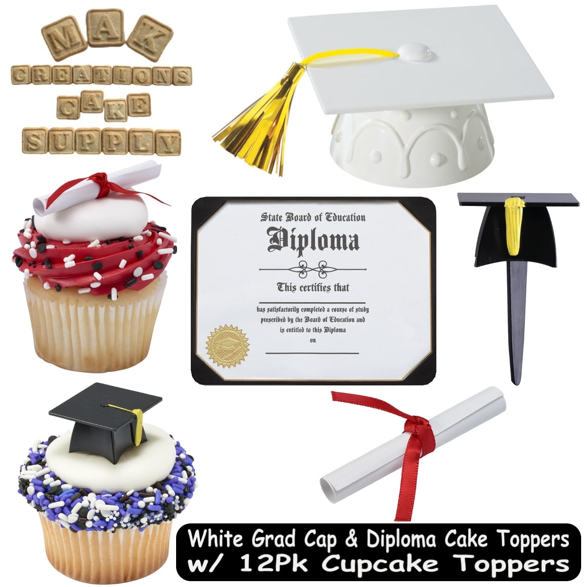 White Graduation Cap & Flat Diploma Plaque Cake Topper Set w/ 12pk of ...