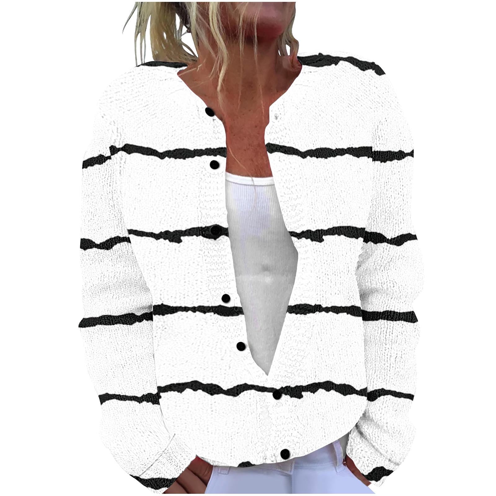 White Graphic Jackets for Women Fall Winter Brunch Crochet Striped Knit ...