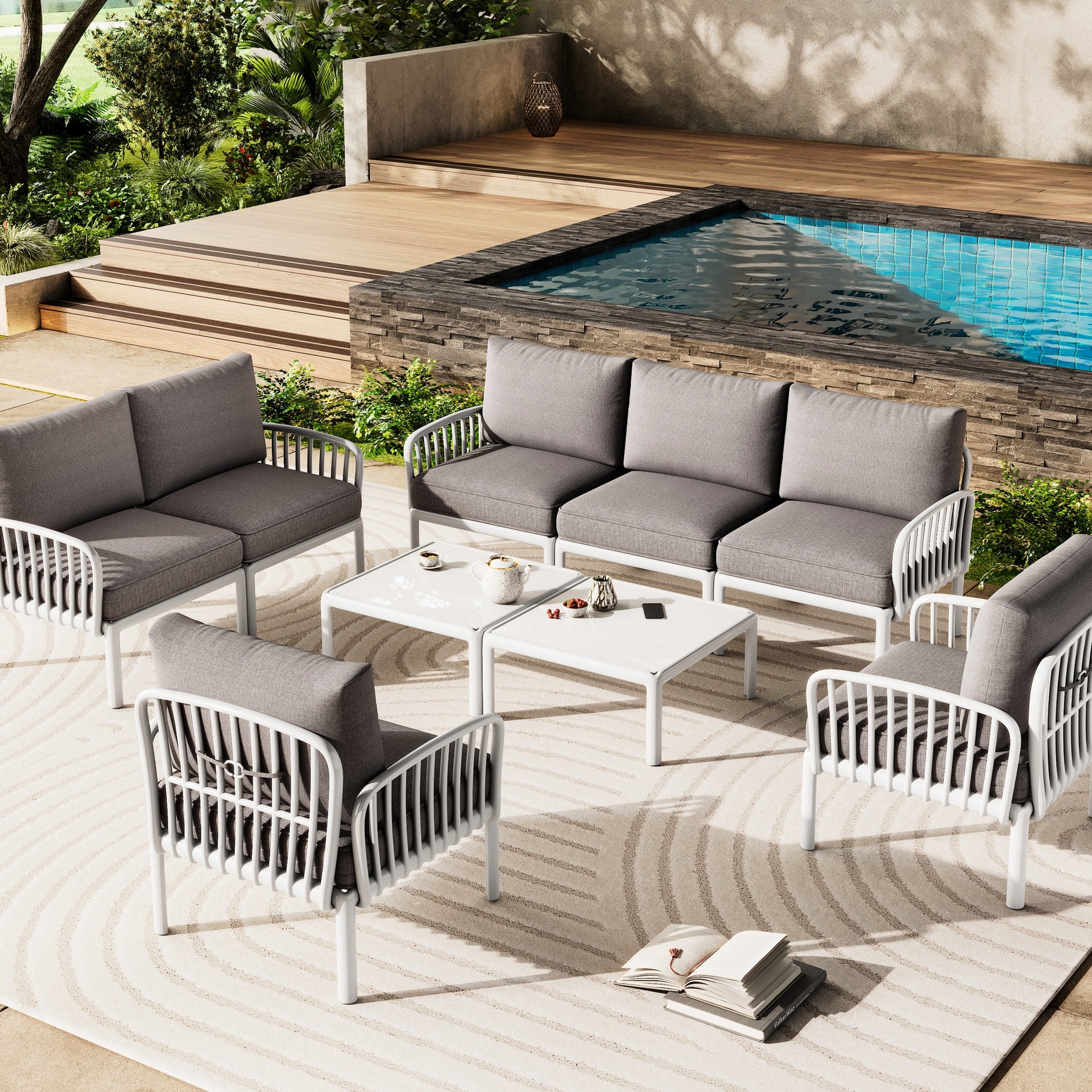 White & Gray 9-Piece - Spacious L-Shaped or Separate Seating - Outdoor ...