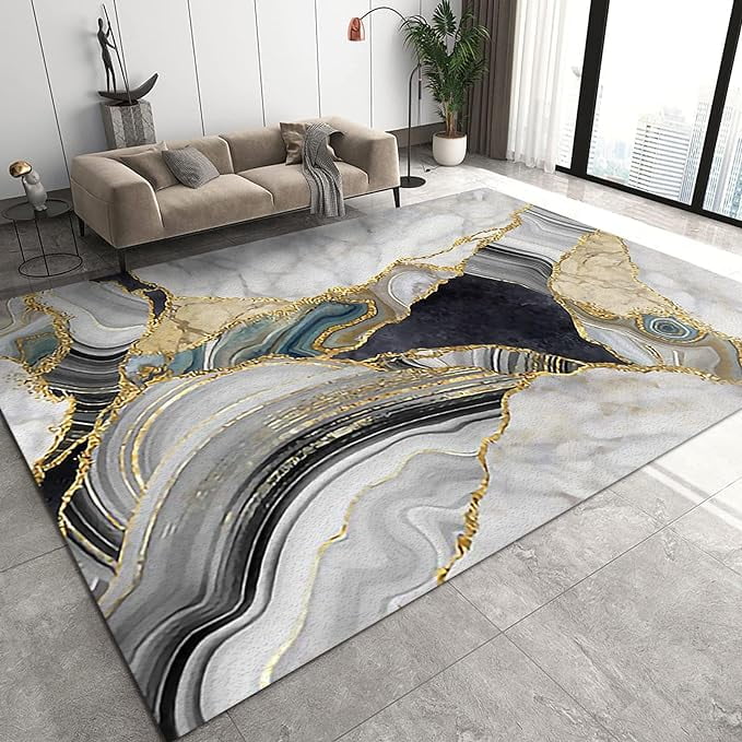 White Gray Black Marble Texture Area Rug, Gold Lines Abstract Light ...