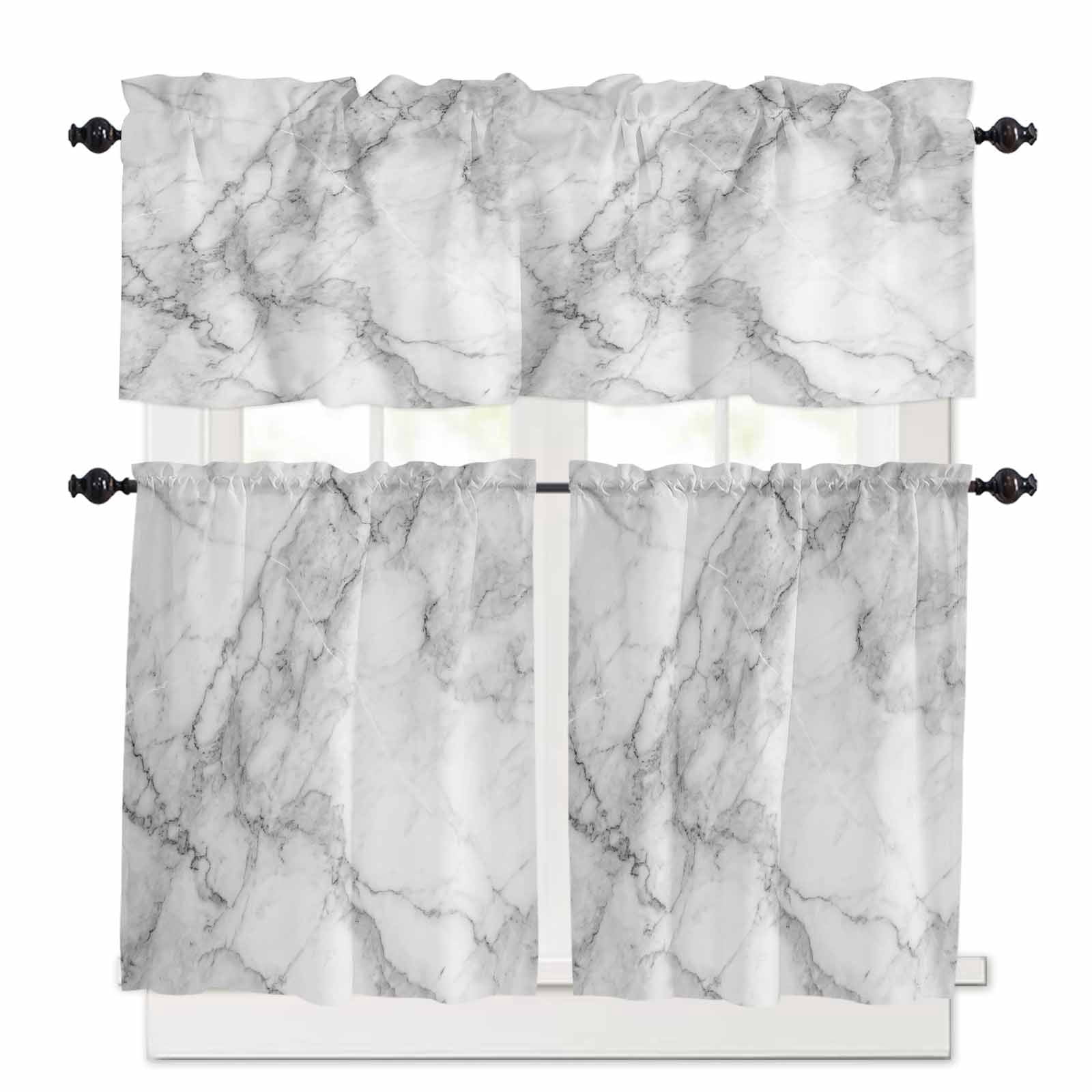 White Gray Kitchen Curtains Valance and Tier Set Abstract Art Marble ...