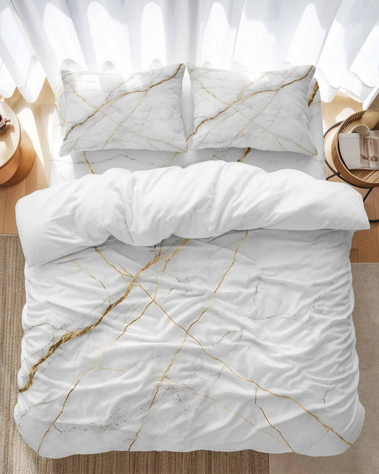 White Gray Marble Bedding Duvet Cover Set Queen Size 4 Pieces Gold ...