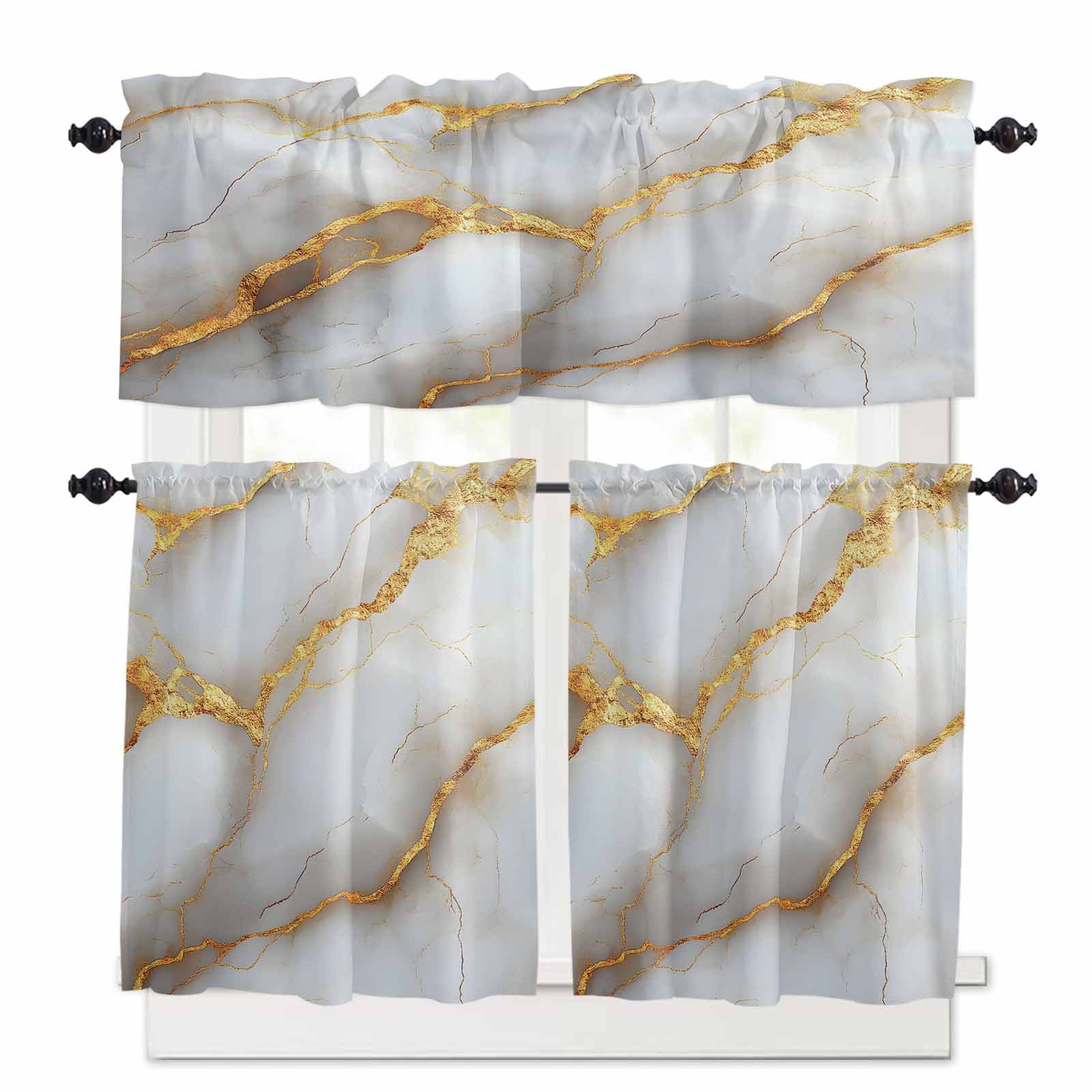 White Gray Marble Kitchen Curtains and Valances Set, 3 Piece Kitchen ...