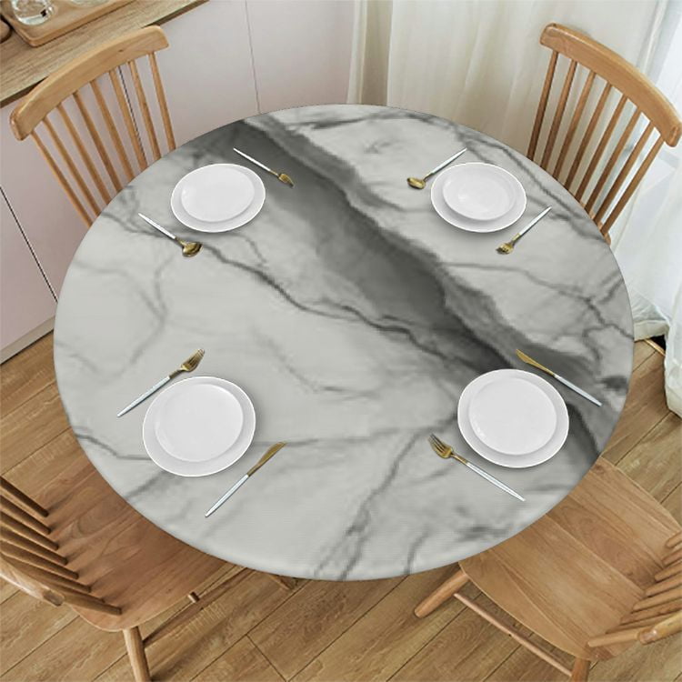White Gray Marble Round Tablecloth with Elastic Edge,Modern Art Marble ...