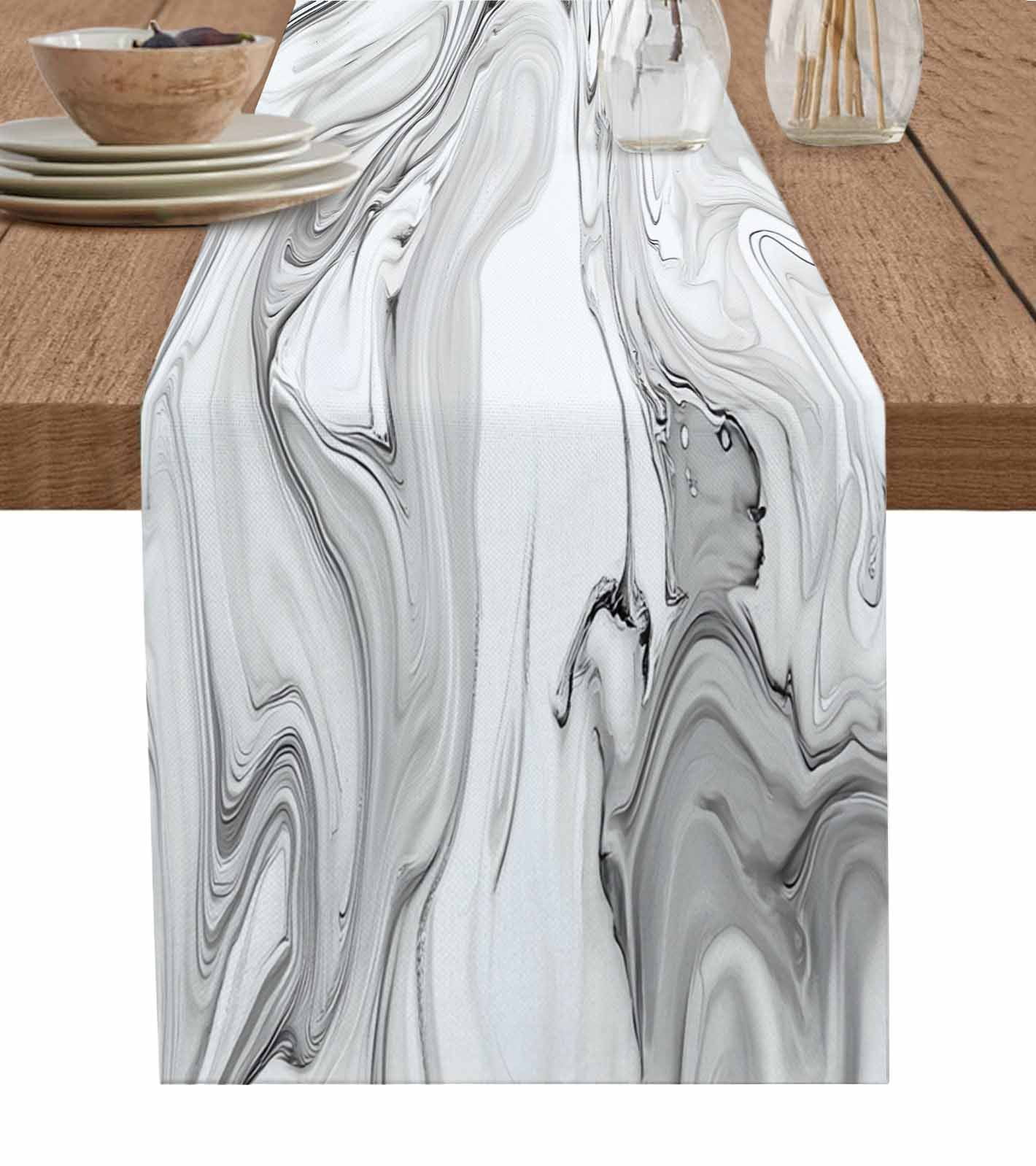 White Gray Marble Table Runner 108 Inches, Modern Minimalist Abstract ...