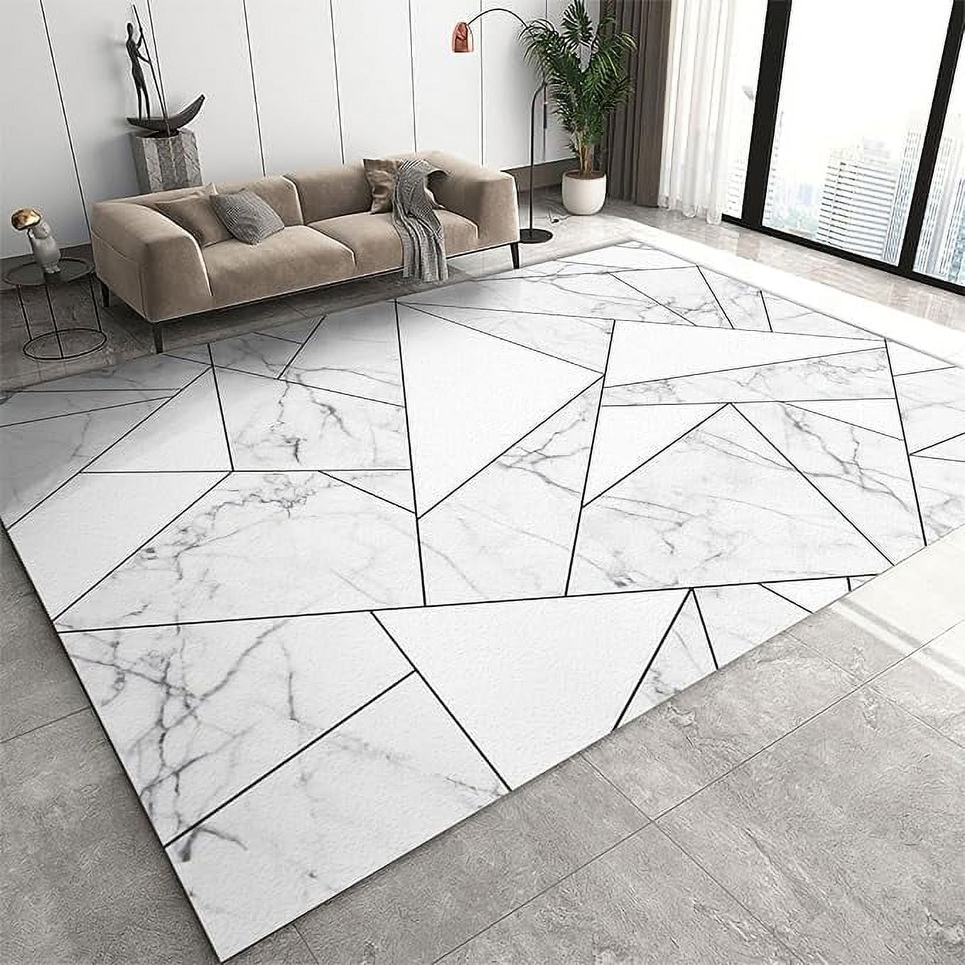 White Gray Marble Texture Area Rug, Geometric Irregular Line Art Large ...
