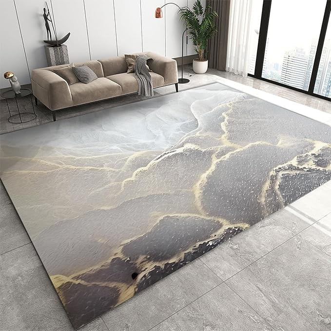 White Gray Marble Tile Texture Area Rug, Luxurious Gilt Geometric Lines ...