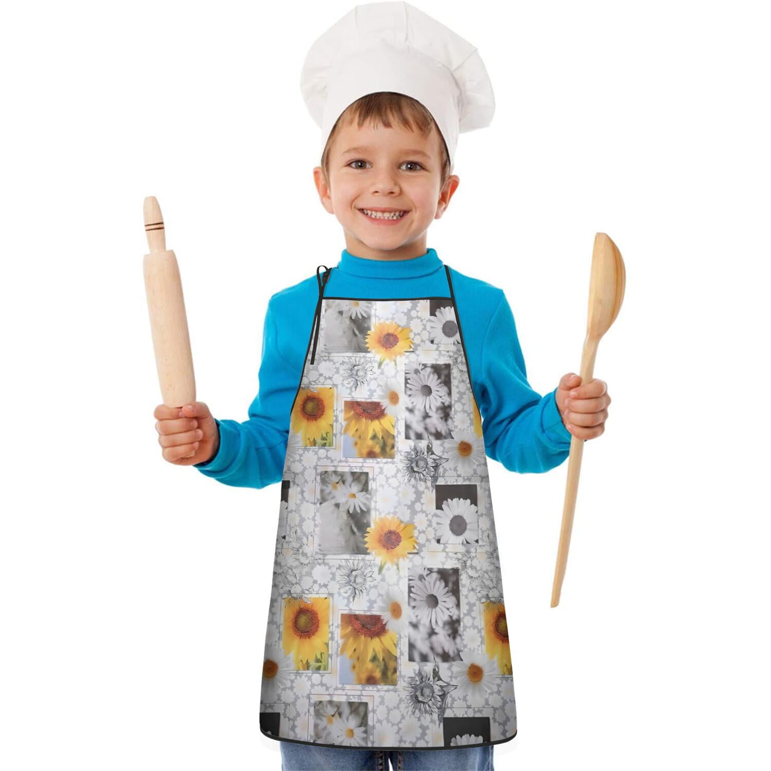 White Gray Photo Frame Daisy Sunflower Pattern Kids Aprons for Girls ...