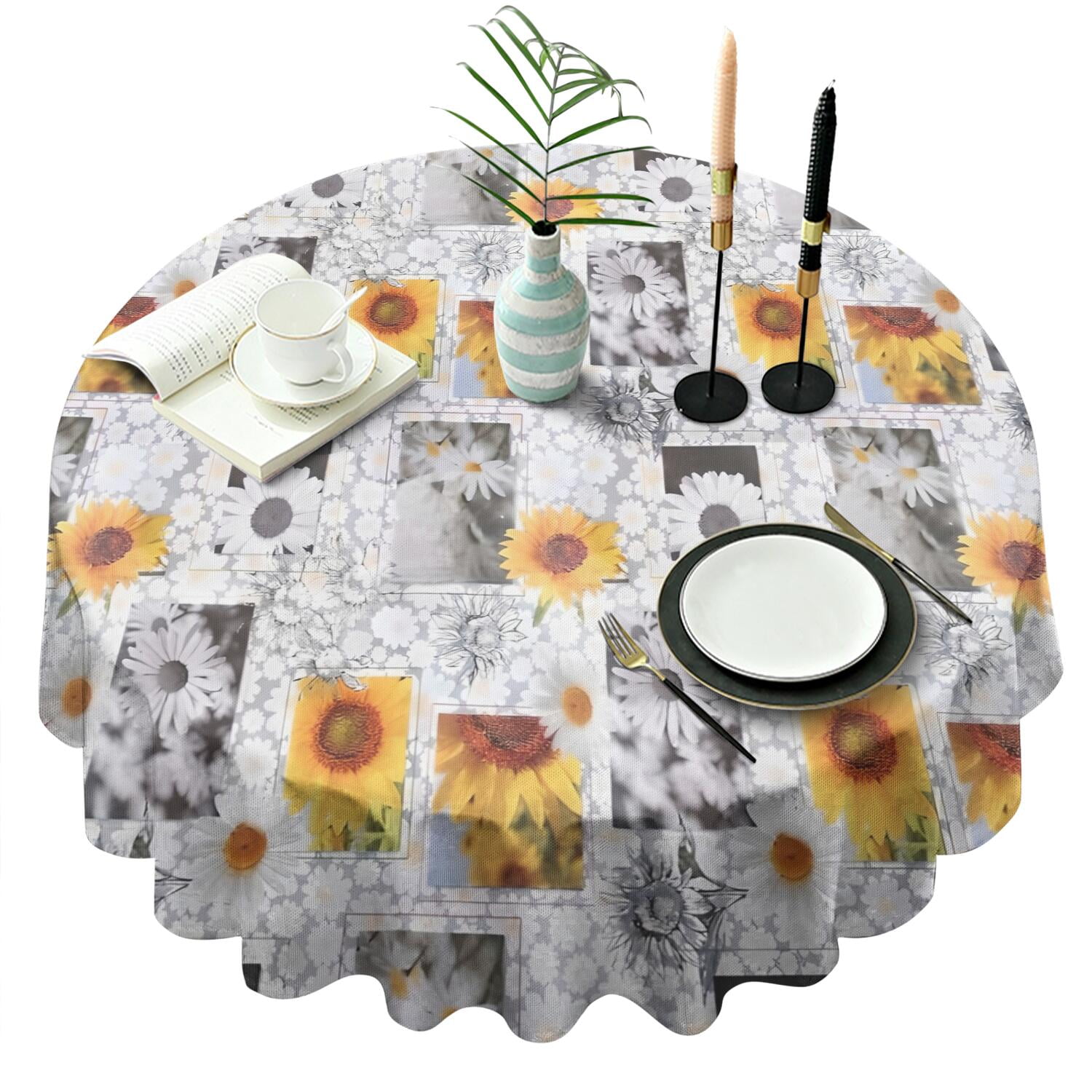 White Gray Photo Frame Daisy Sunflower Pattern Round Tablecloth 60"x60 ...