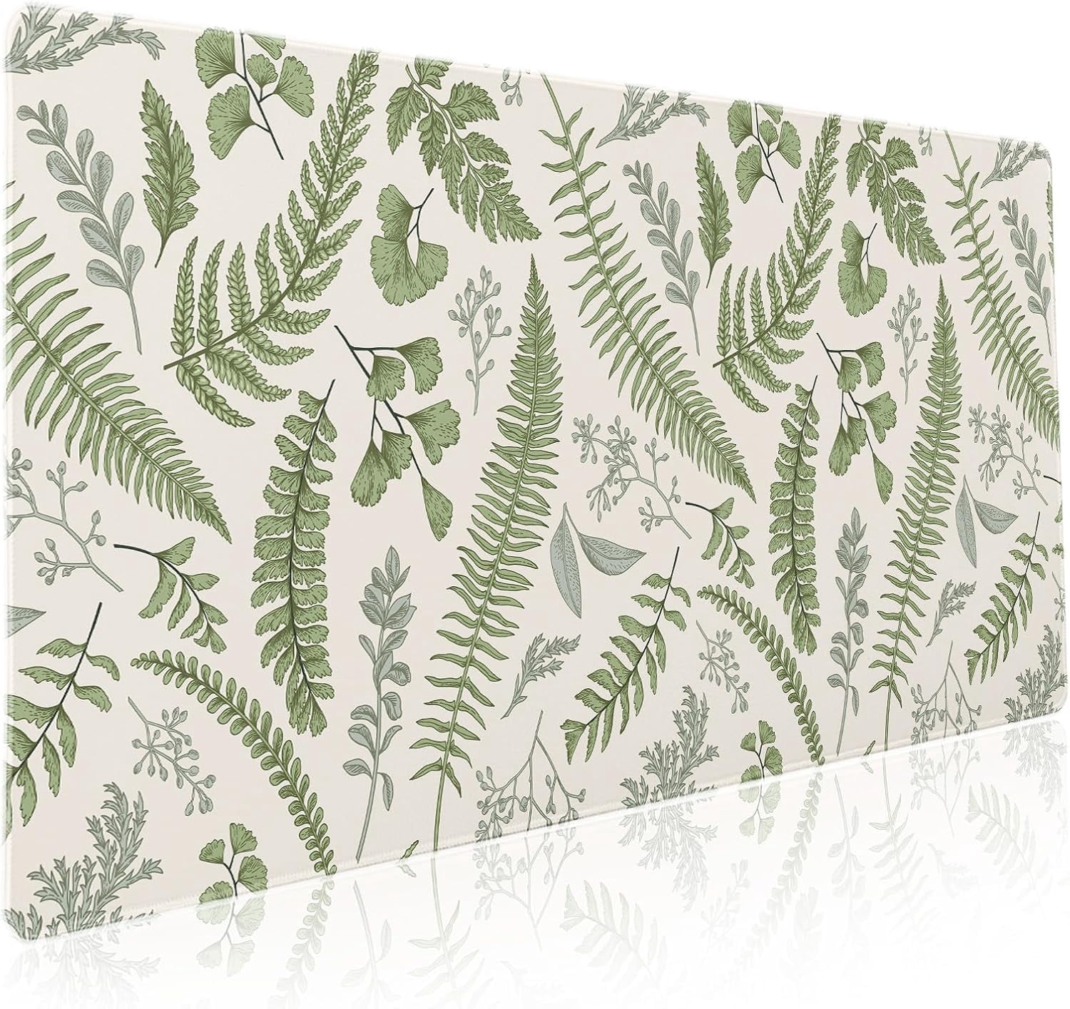 White Green Plant Flowers Mouse Pad XXL Tropical Fern Botanical Leaves ...
