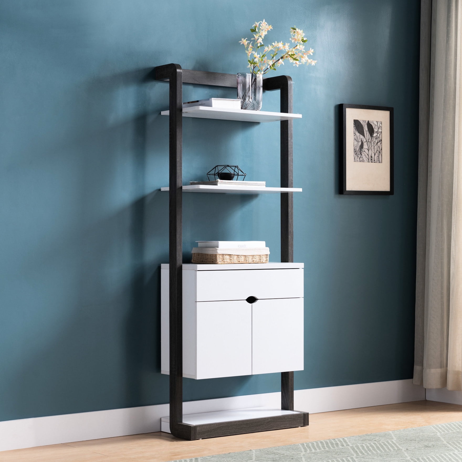 White & Grey Bookcase with Metal Hinges on Cabinets - Ensure Smooth ...