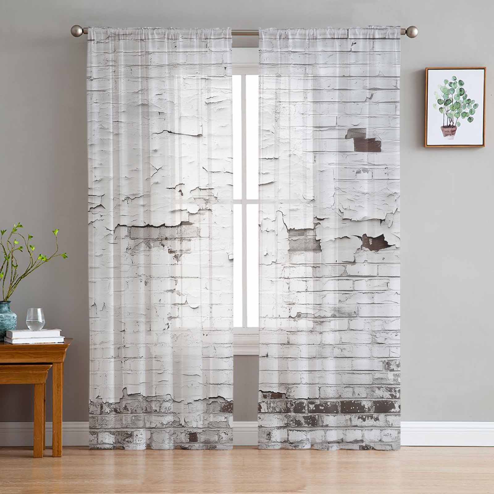 White Grey Brick Wall Sheer Curtains 96 Inch Length 2 Panels Set for ...