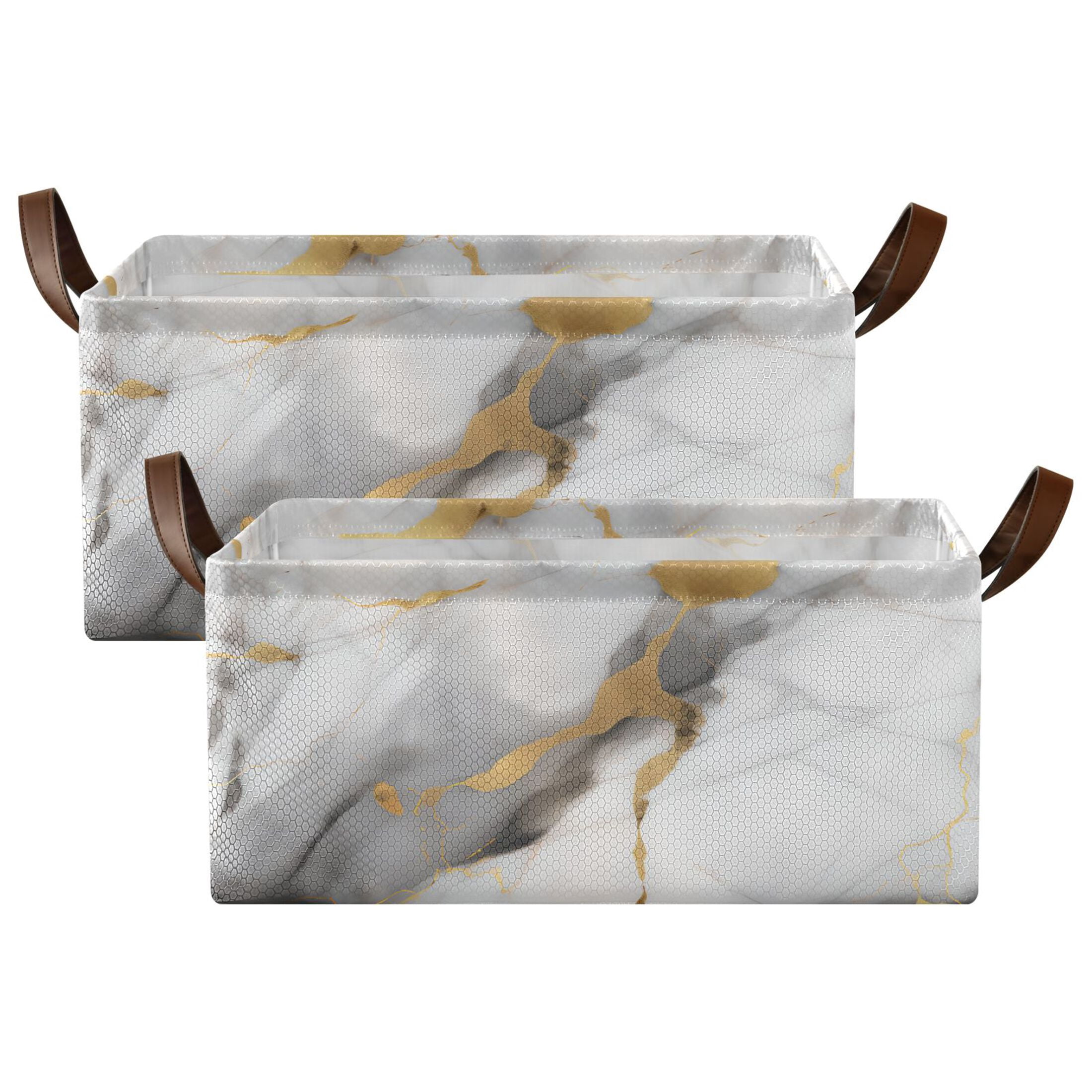 White Grey Gold Marble 2 Pcs Collapsible Storage Bins Fabric Shelf ...