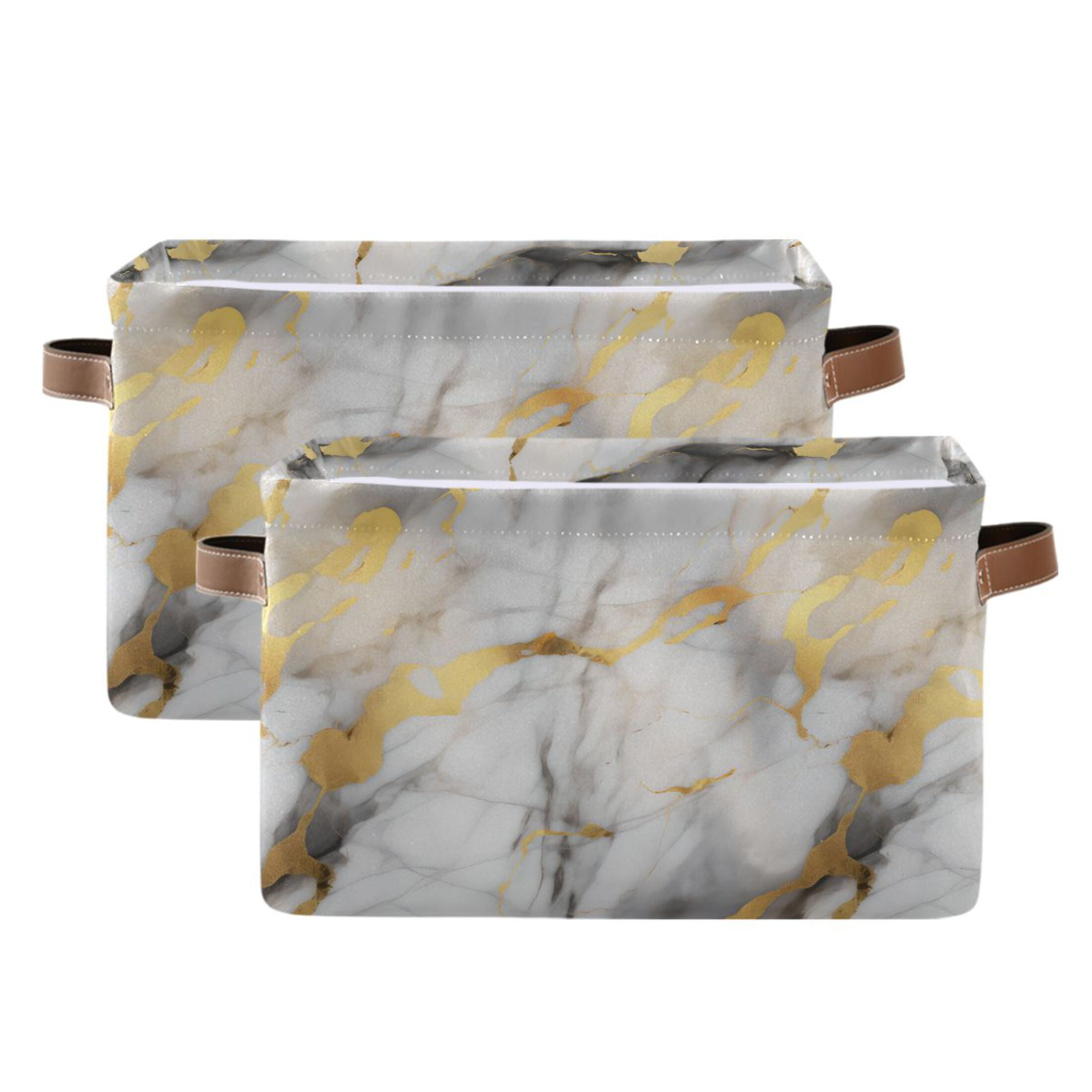 White Grey Gold Marble Storage Bins with Handle Fabric Organizer Basket ...