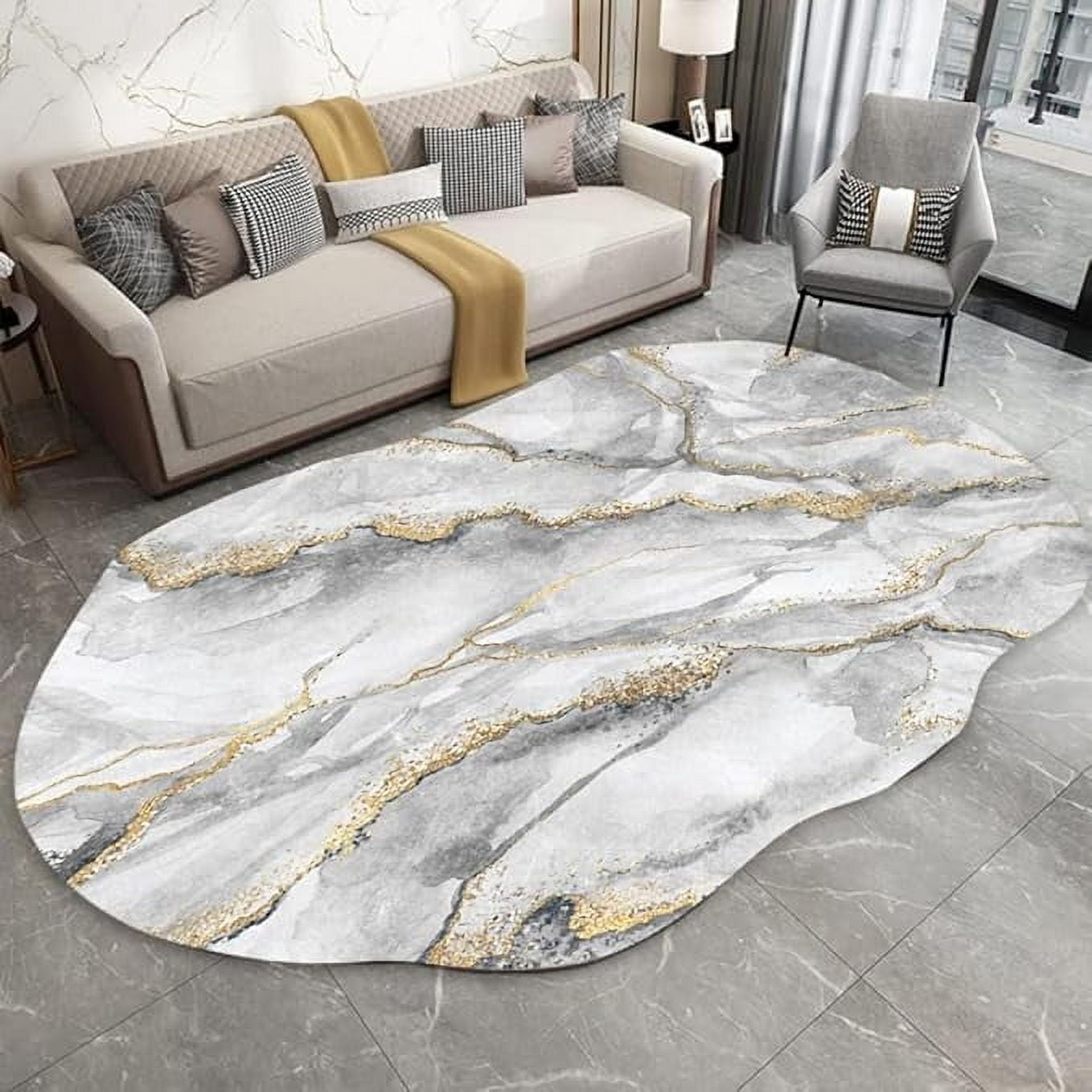White Grey Gold Marble Texture Abstract Shaped Modern Designer Area Rug ...
