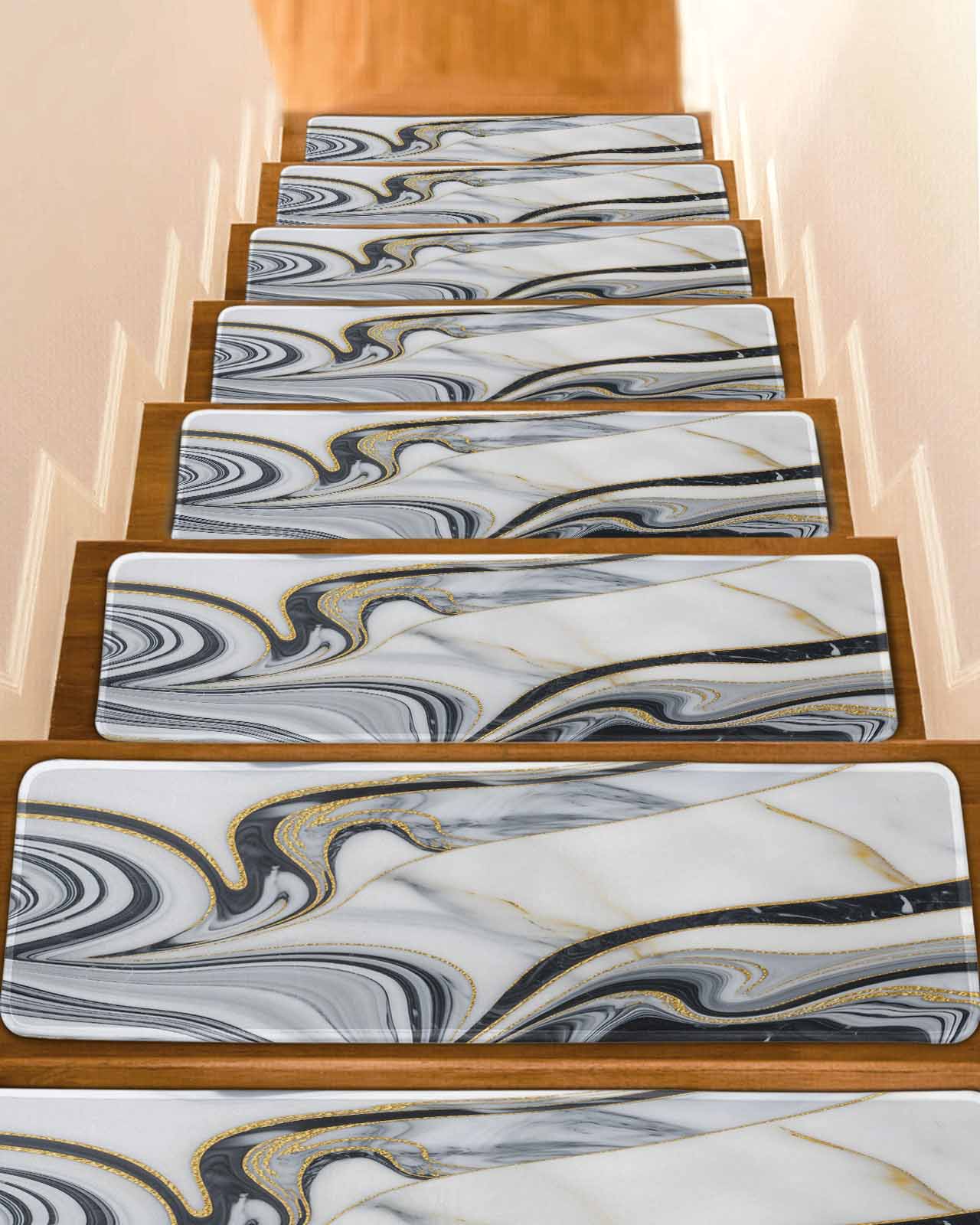 White Grey Marble Non-Slip Stair Treads for Wooden Steps, 10 Pack ...