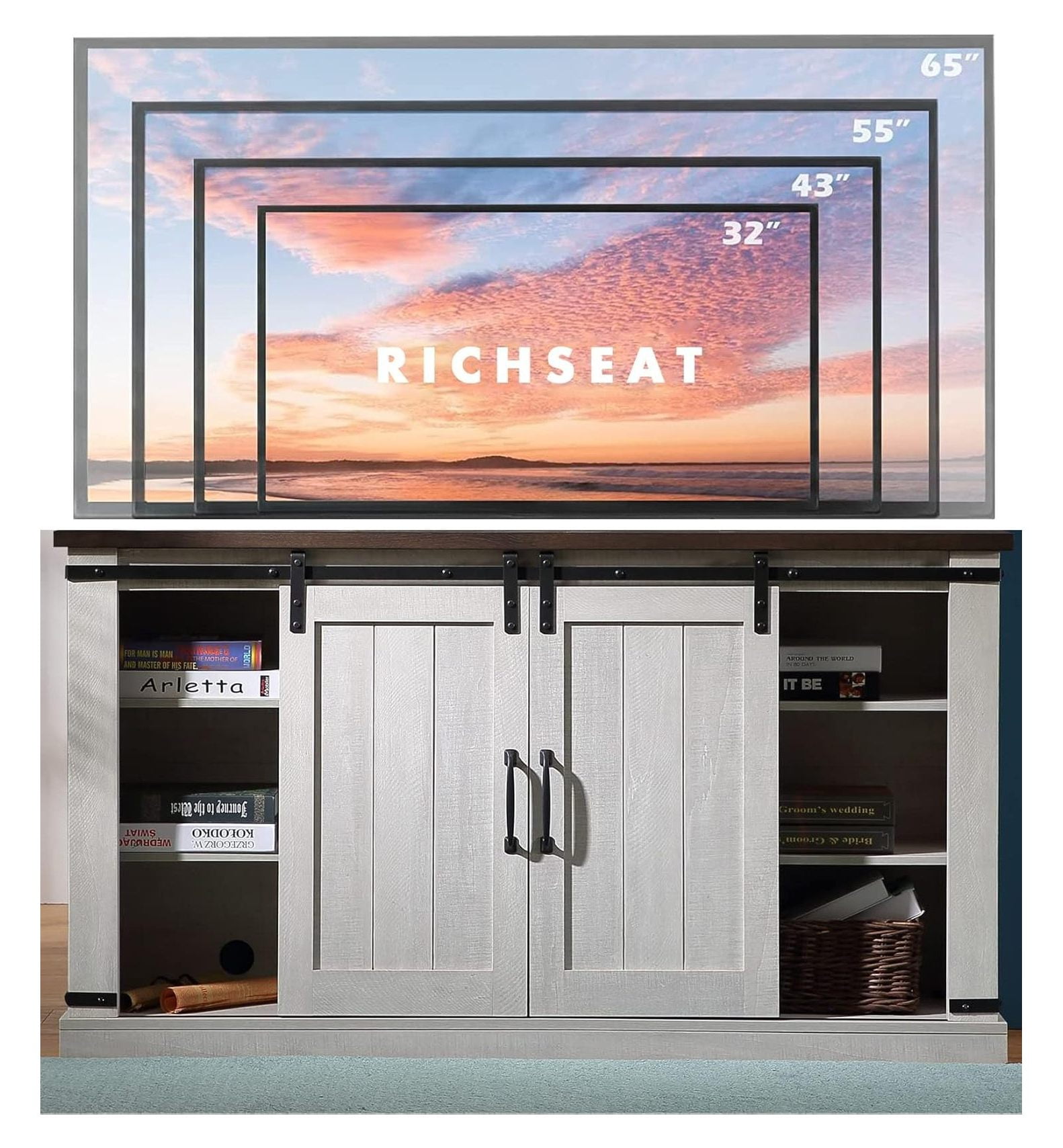 White Grey Modern Farmhouse Wood TV Stand for 65 Inch TV, Rustic TV ...