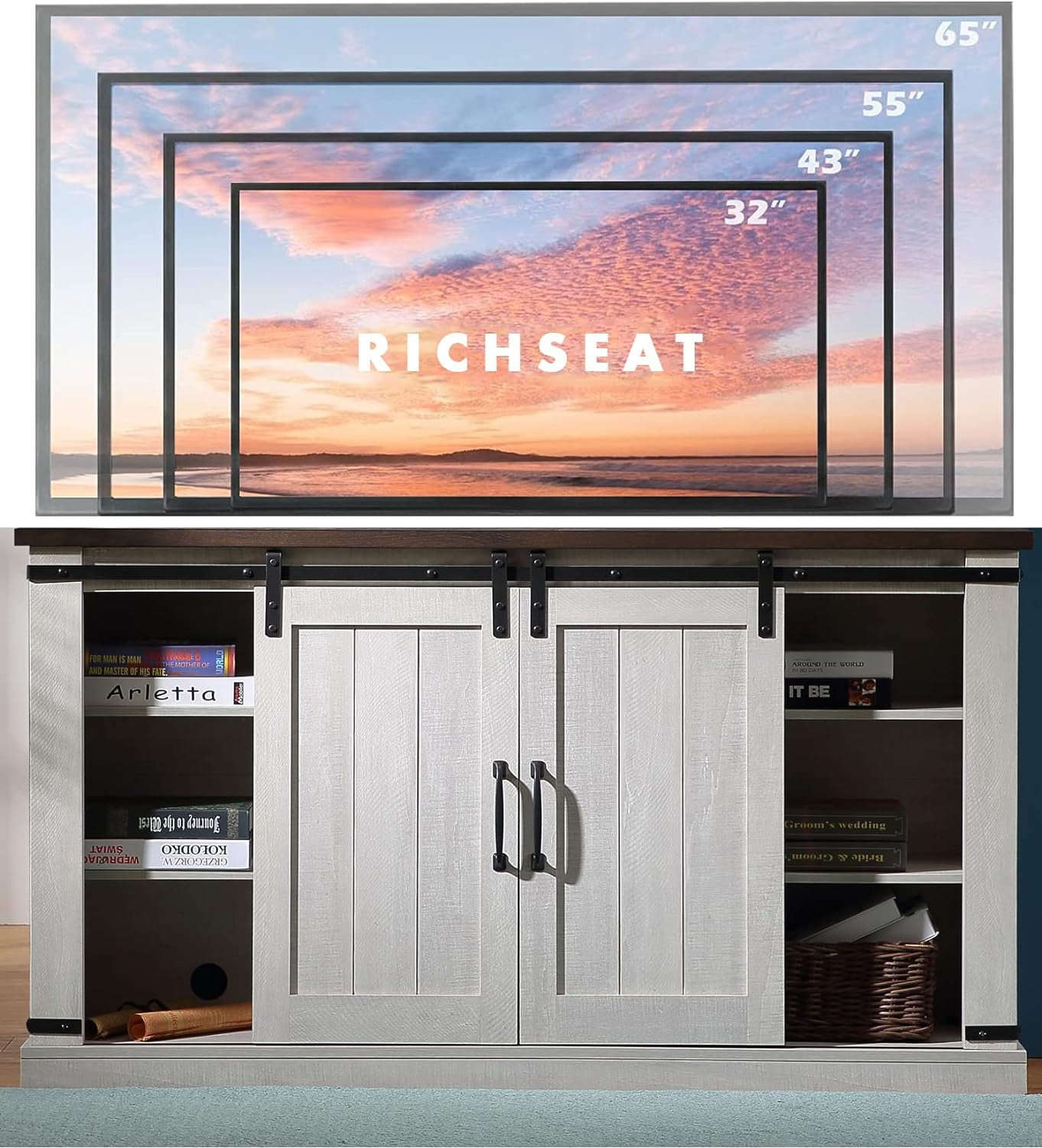 White Grey Modern Farmhouse Wood TV Stand for 65 Inch TV, Rustic TV ...