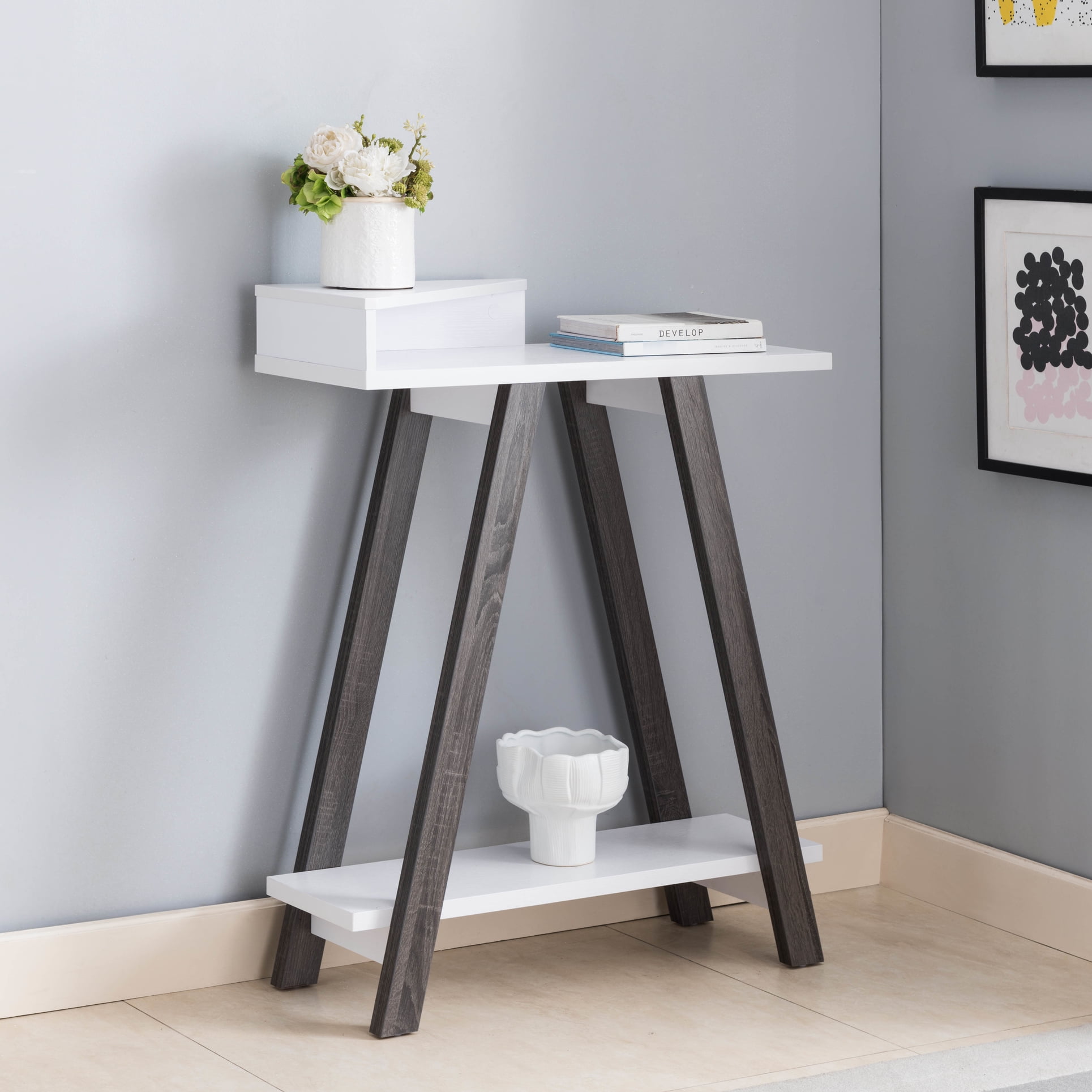 White & Grey Two Shelf Console Table, A Shaped Leg Grace With 2 Shelves ...