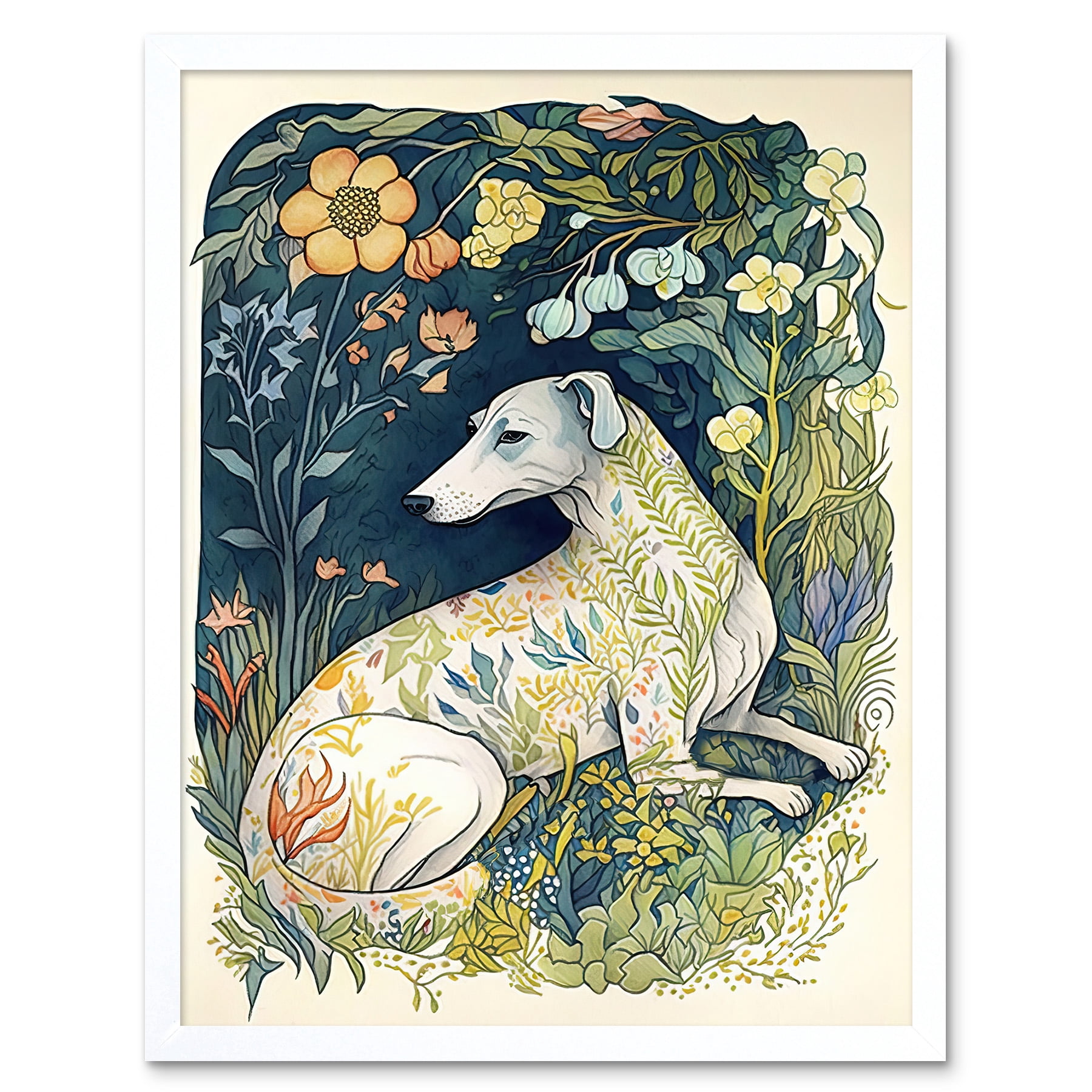 White Greyhound Dog with Floral Pattern Fur Coat lying in Flower Field ...