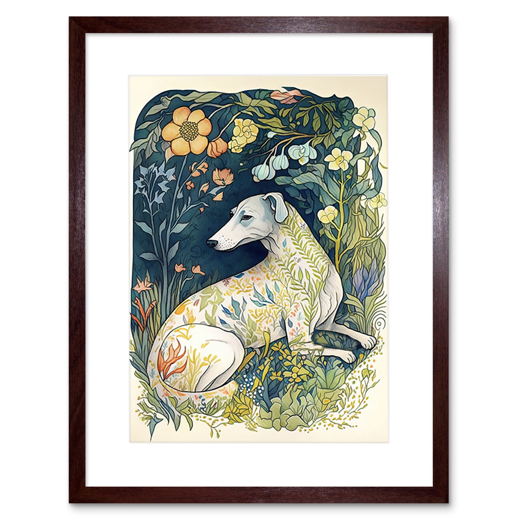 White Greyhound Dog with Floral Pattern Fur Coat lying in Flower Field ...