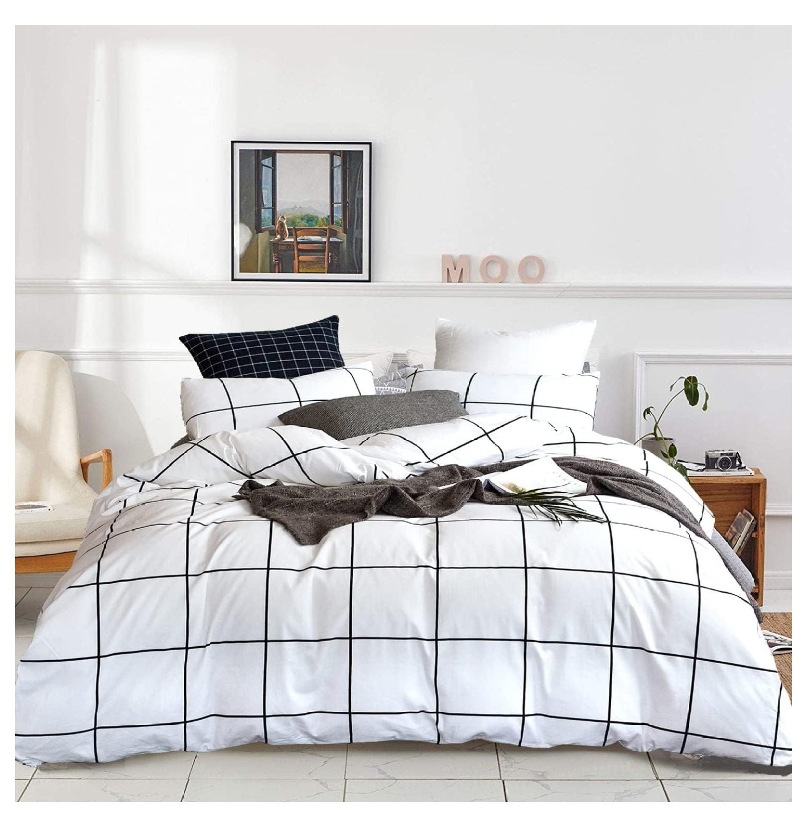 White Grid Comforter White Plaid Bedding Set Queen White Black Lines ...