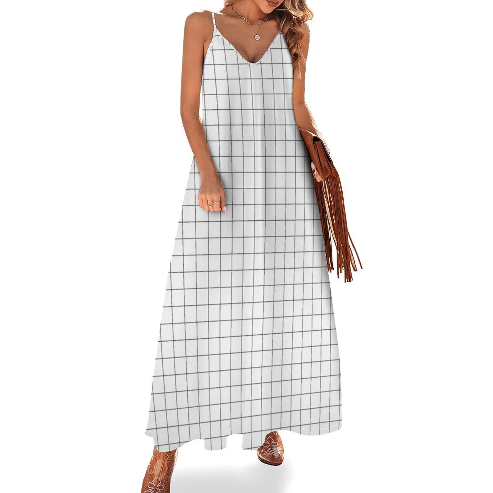 White Grid Sleeveless Dress prom clothes loose women's dress dresses ...