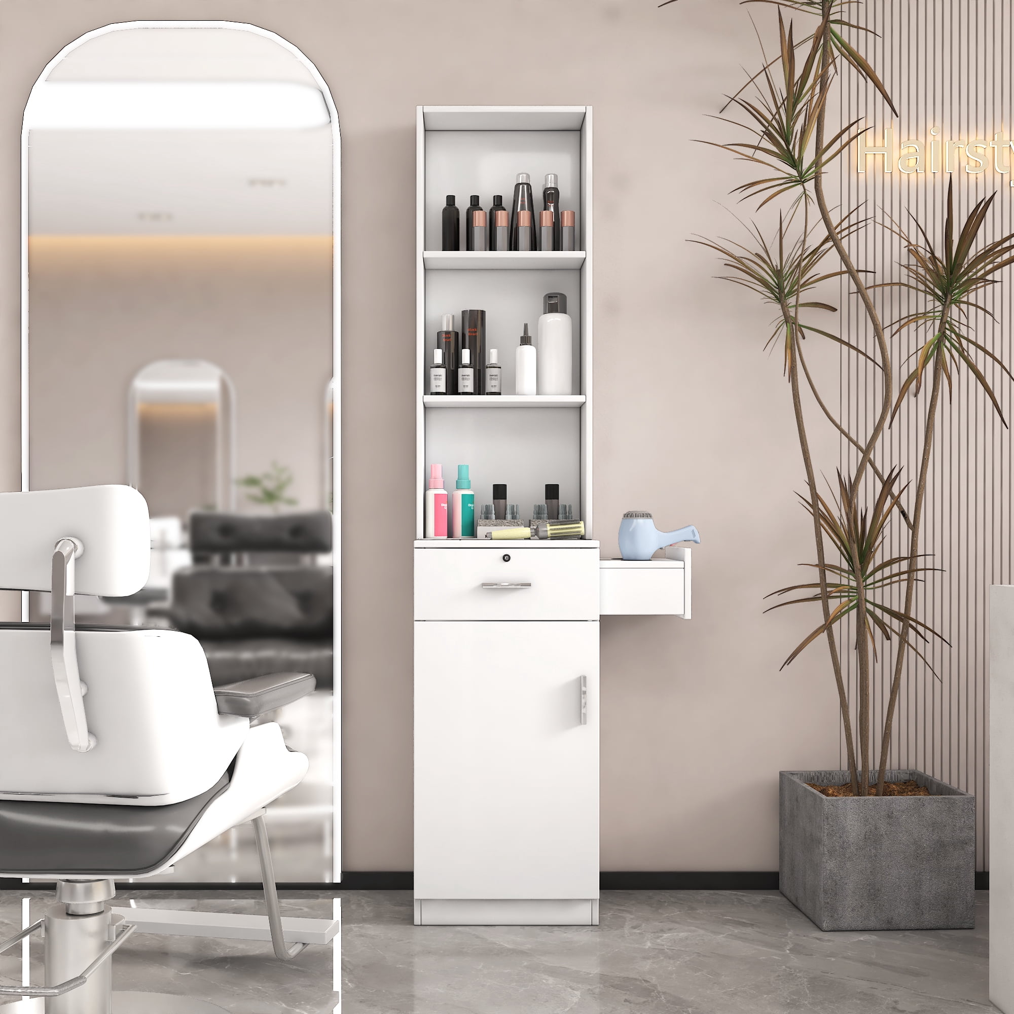 White Hair Styling Station with Storage, Modern Hairdressing Desk with ...