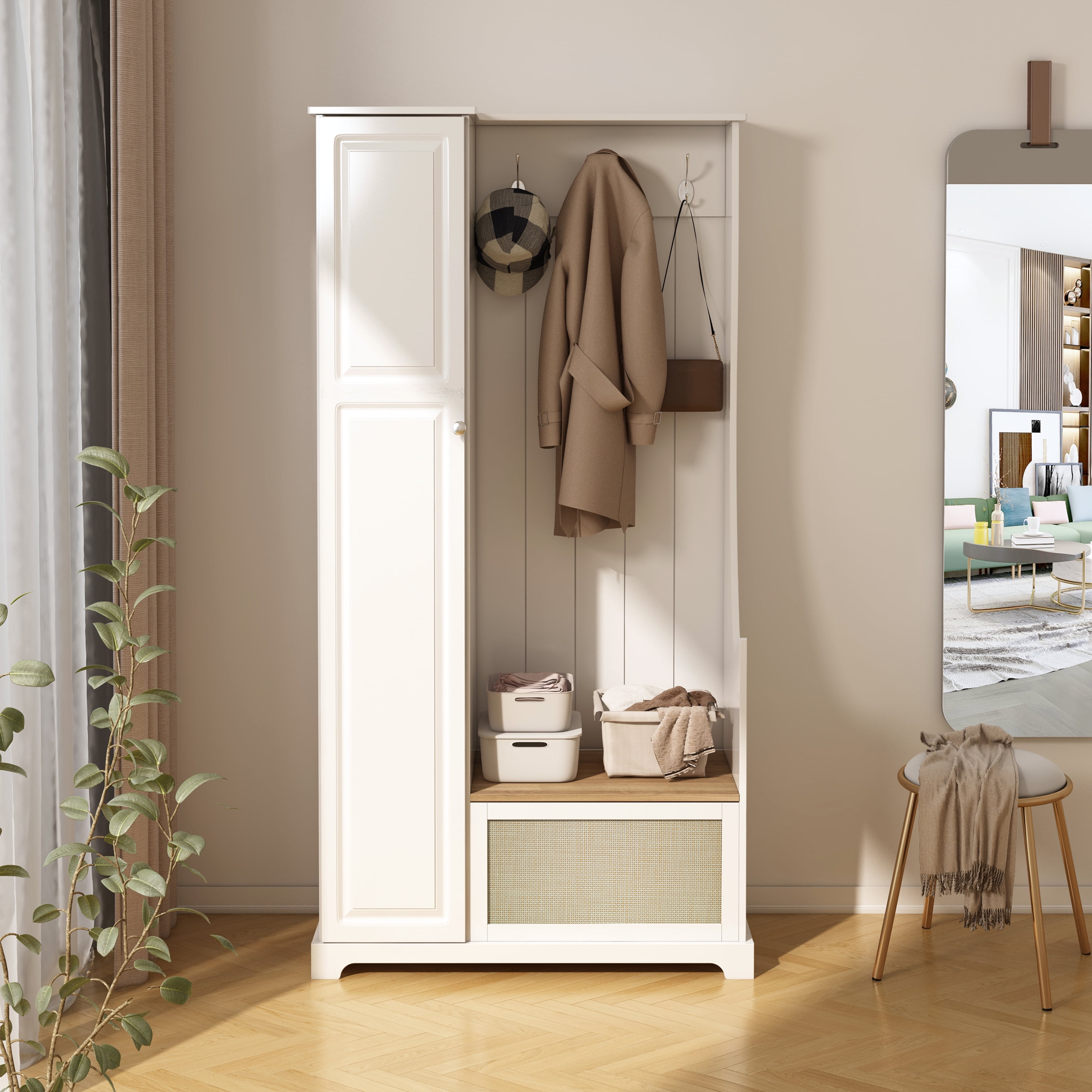 White Hall Tree with Bench and Storage Cabinet for Entryway, Living ...