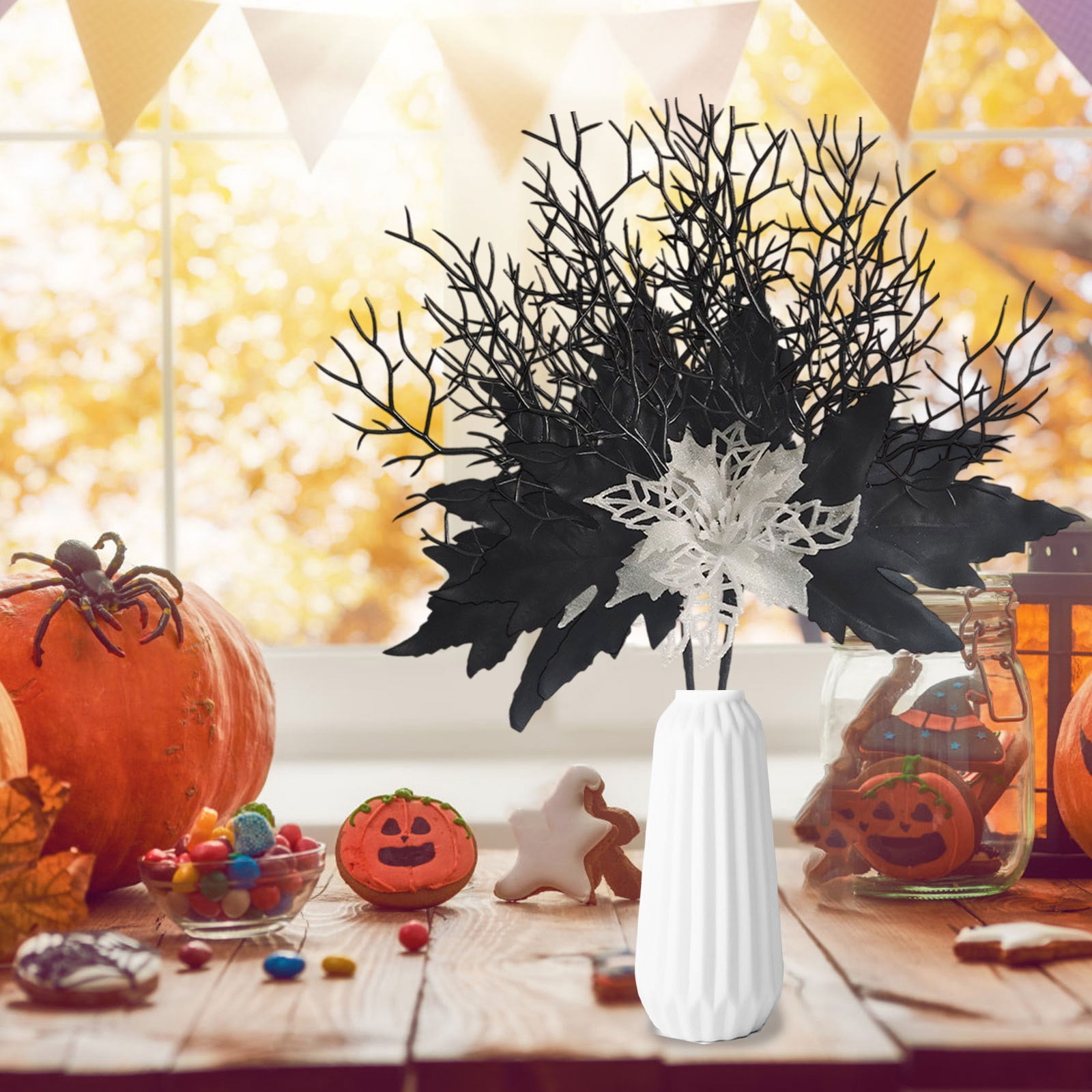 White Halloween Branch Decor - 13in Artificial Dead Wood with Flowers ...