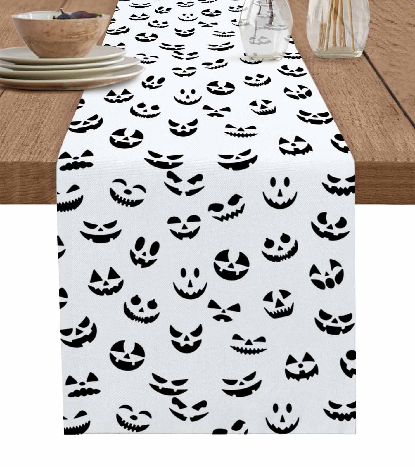 White Halloween Table Runner 70 Inches, Horror Ghost Pumpkin Faces Bed ...