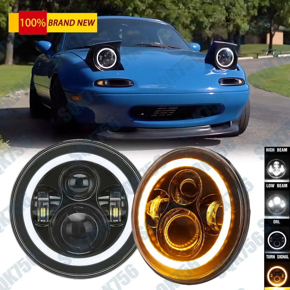 White Halo Angel Eyes 7 inch LED Headlight Hi/Lo Beam For Mazda Miata ...