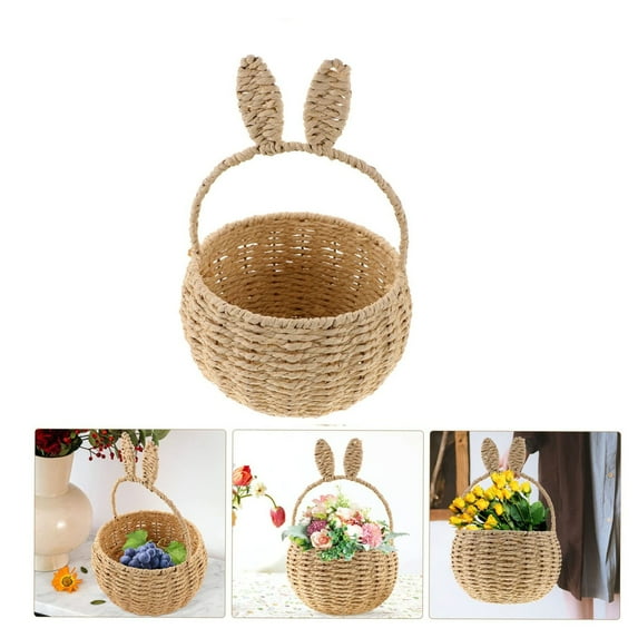 White Hand Woven Rabbit Ear Basket with Handle Multi Purpose Storage ...