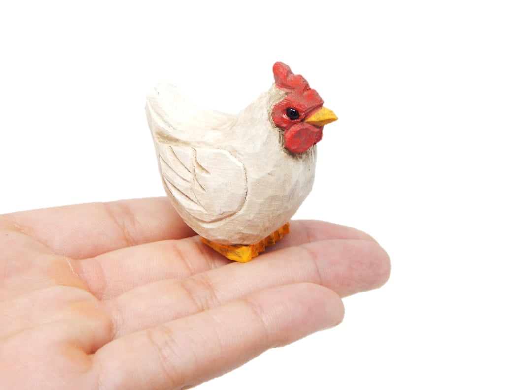 Mini Decoration - White Hen Wooden Carving, Hand-Made, Small Chicken ...
