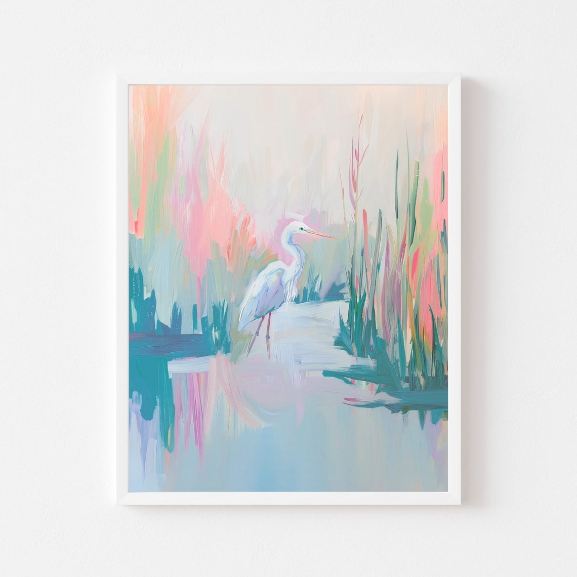 White Heron Colorful Marsh Painting Egret Shore Bird Wall Art Print ...