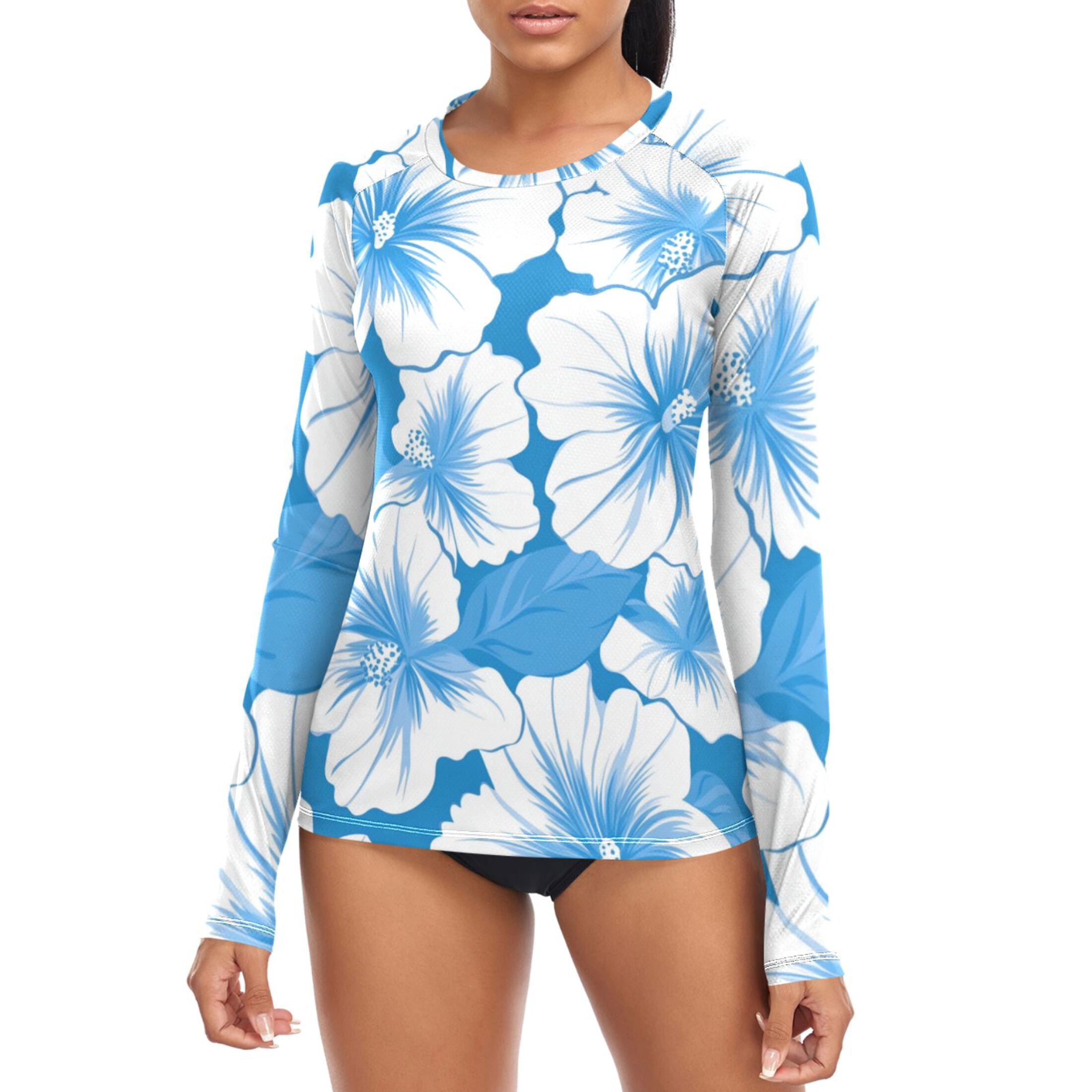 White Hibiscus Flowers Women's Rash Guard Shirts UPF 50+ Sun Protection ...