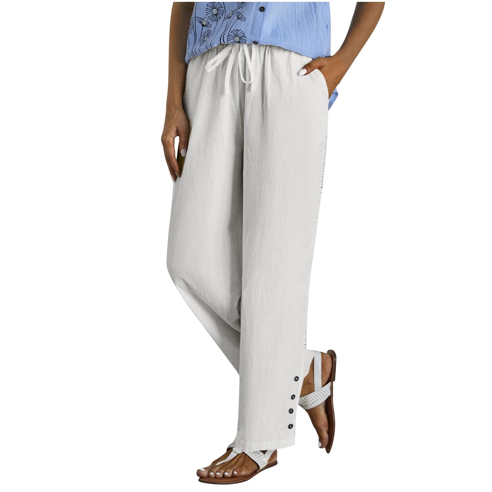 White High Cut Straight Leg Elastic Waist Plain Long Leg Casual ...