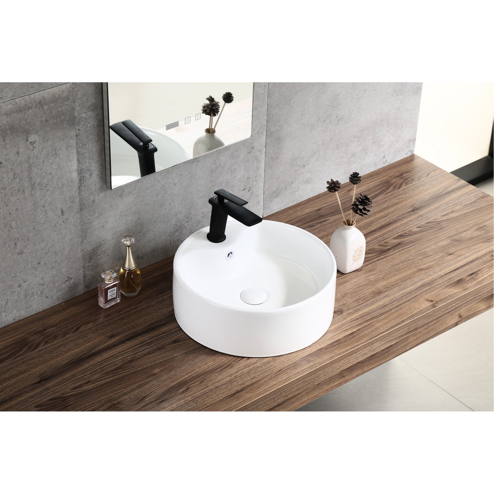 White High-Gloss 18.11-inch Round Ceramic Wash Basin for Bathroom ...