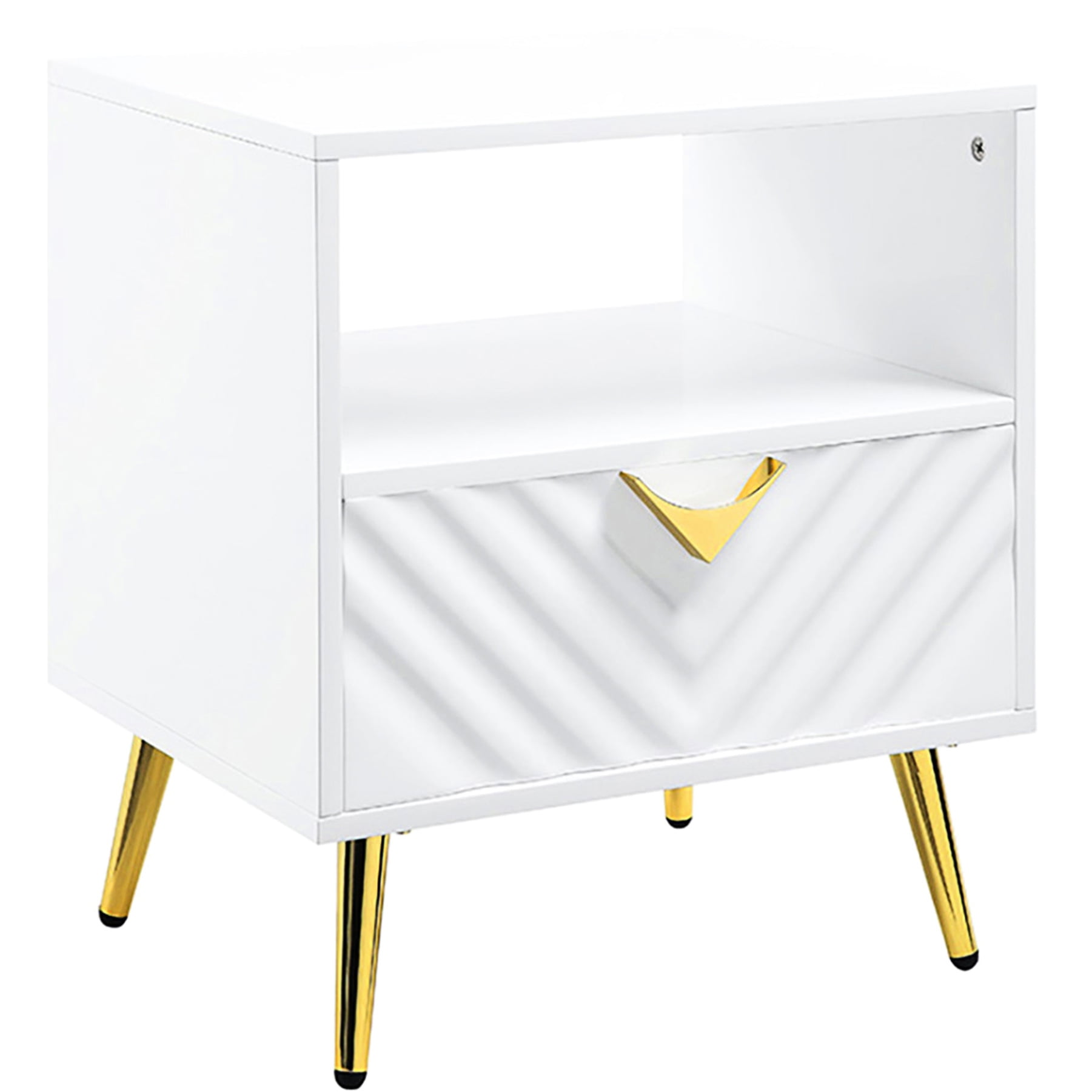 White High Gloss Rectangular End Table | Drawer & Shelf Storage | Metal ...