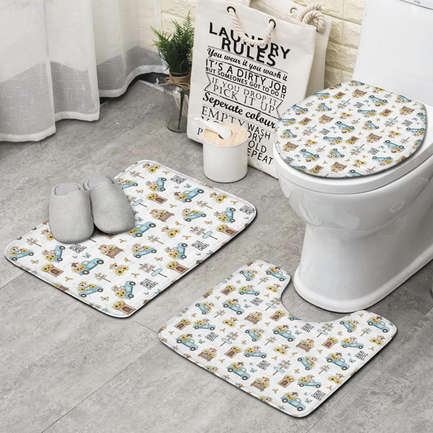 White Highland Cow Car Flower Pattern Bathroom Rugs Sets 3 Piece,Toilet ...