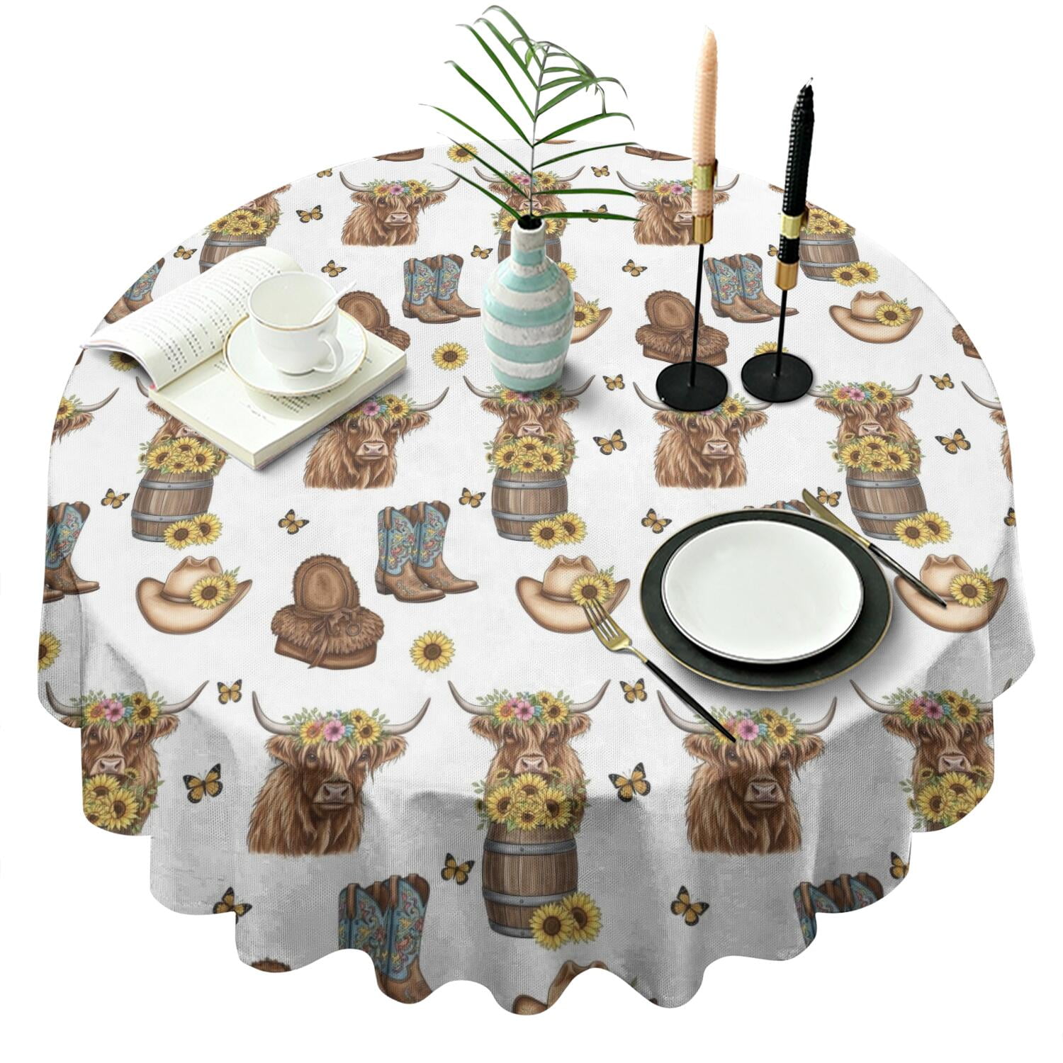 White Highland Cow Flower Barrel Pattern Round Tablecloth 60"x60 ...