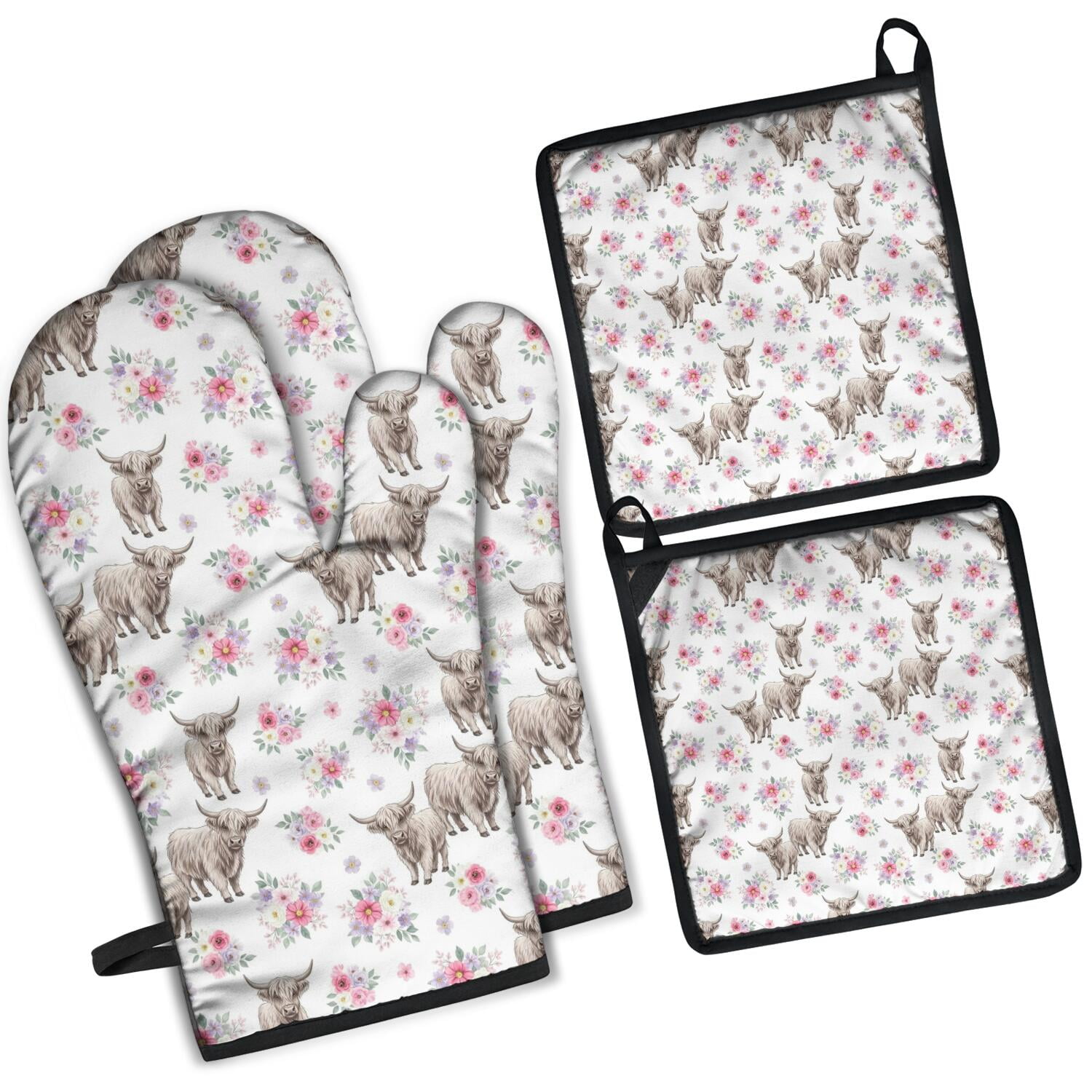 White Highland Cow Flower Pattern Kitchen Oven Mitt and Pot Holder Sets ...