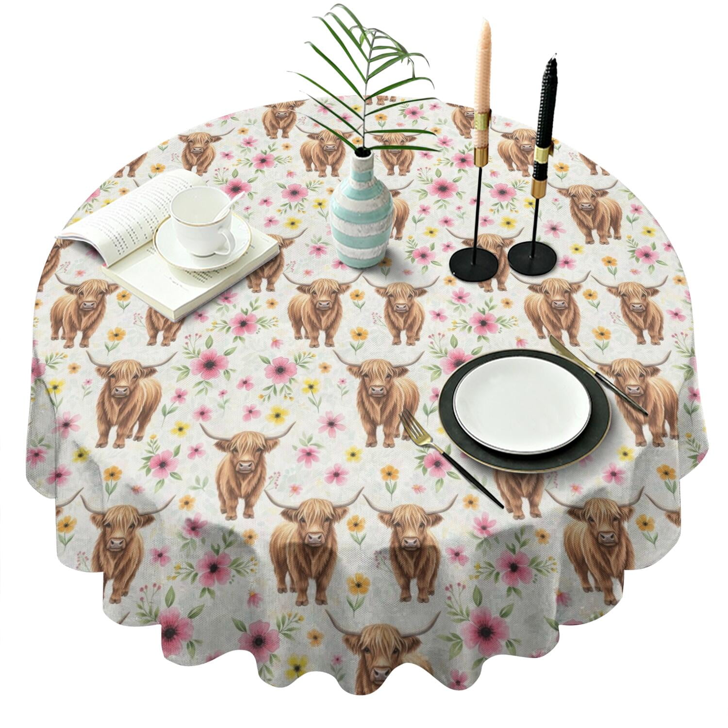 White Highland Cow Flower Pattern Round Tablecloth 60"x60",Wrinkle ...