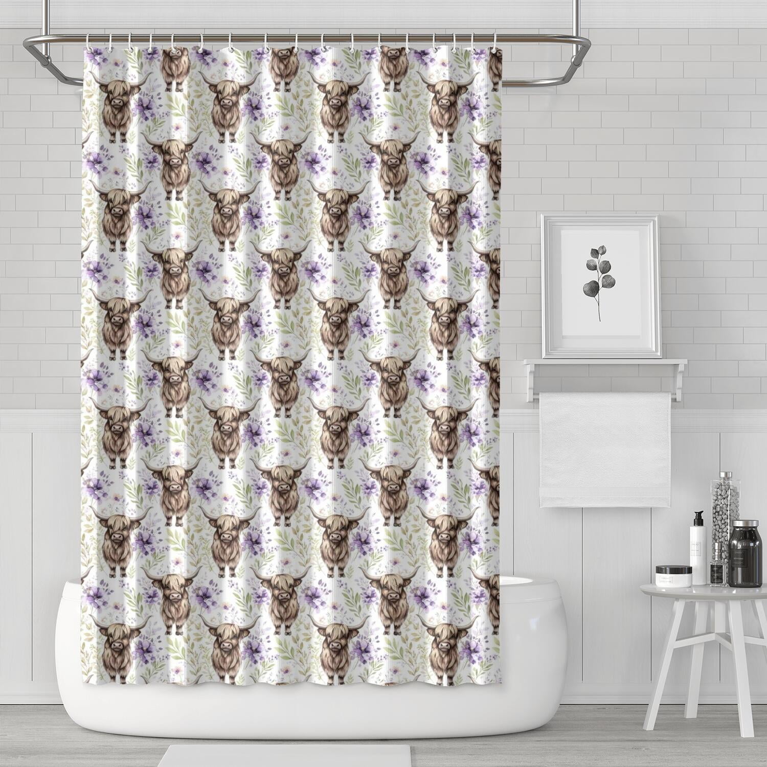 White Highland Cow Flower Pattern Shower Curtain 72"x72" ,Bathroom ...