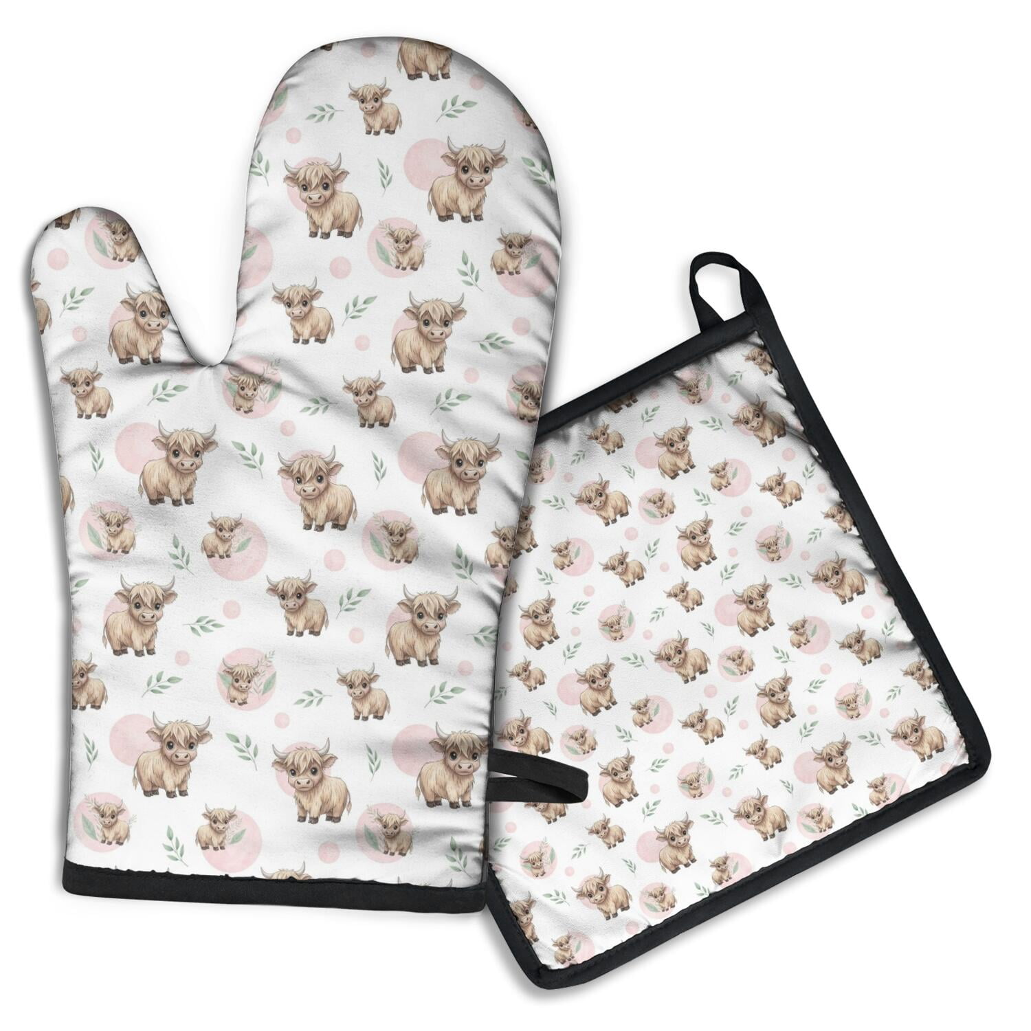 White Highland Cow Pattern Kitchen Oven Mitt and Pot Holder Sets 2 Pcs ...